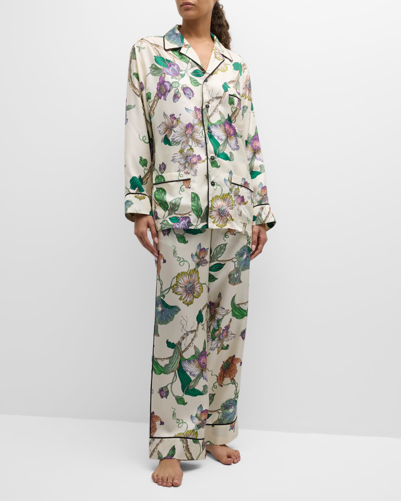 Olivia von Halle Yves Floral-Print Silk Twill Pajama Set | Neiman Marcus