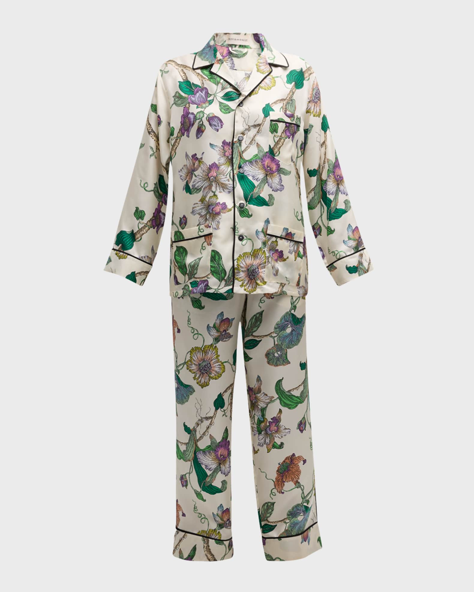 Olivia von Halle Yves Floral-Print Silk Twill Pajama Set | Neiman Marcus