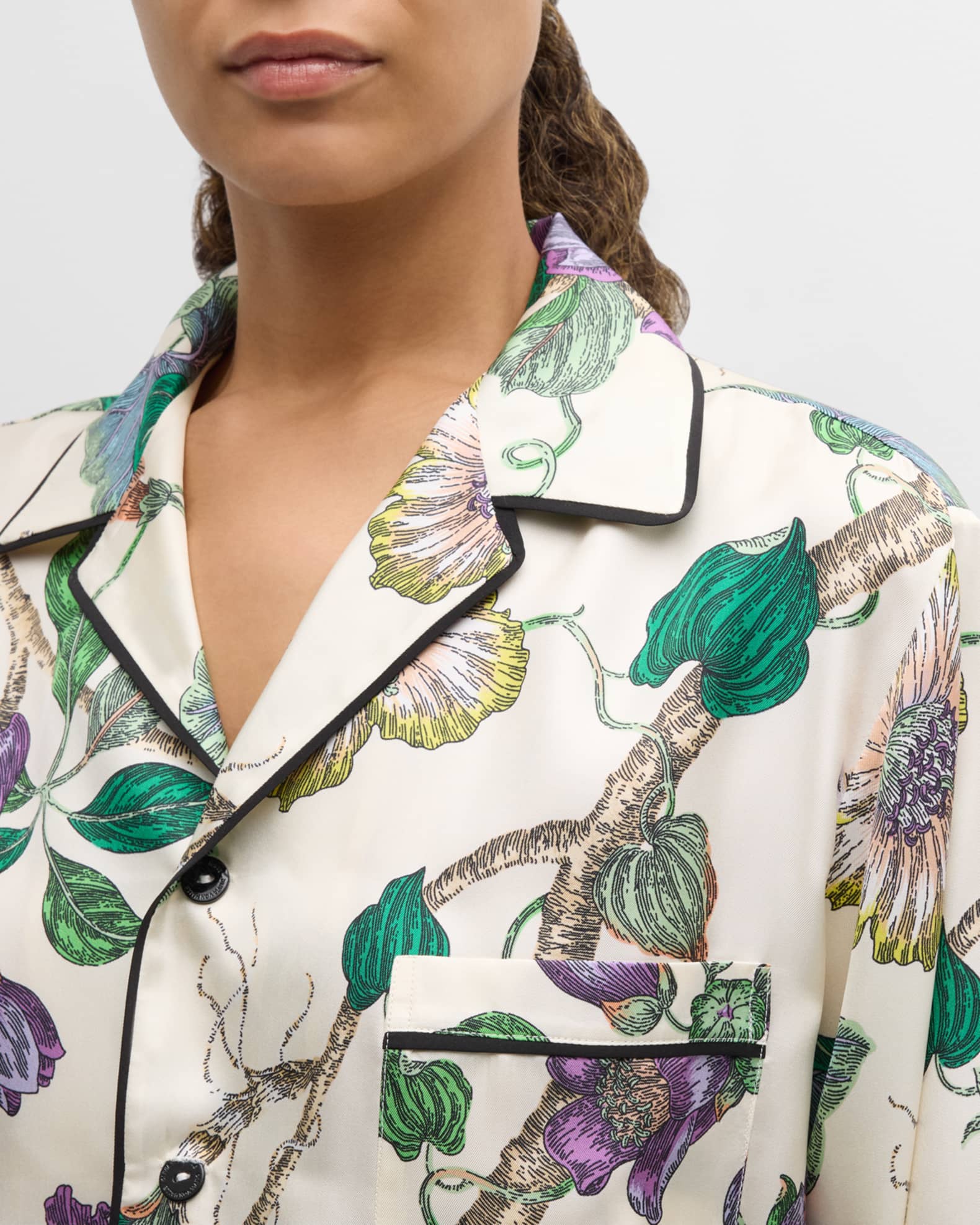 Olivia von Halle Yves Floral-Print Silk Twill Pajama Set | Neiman Marcus