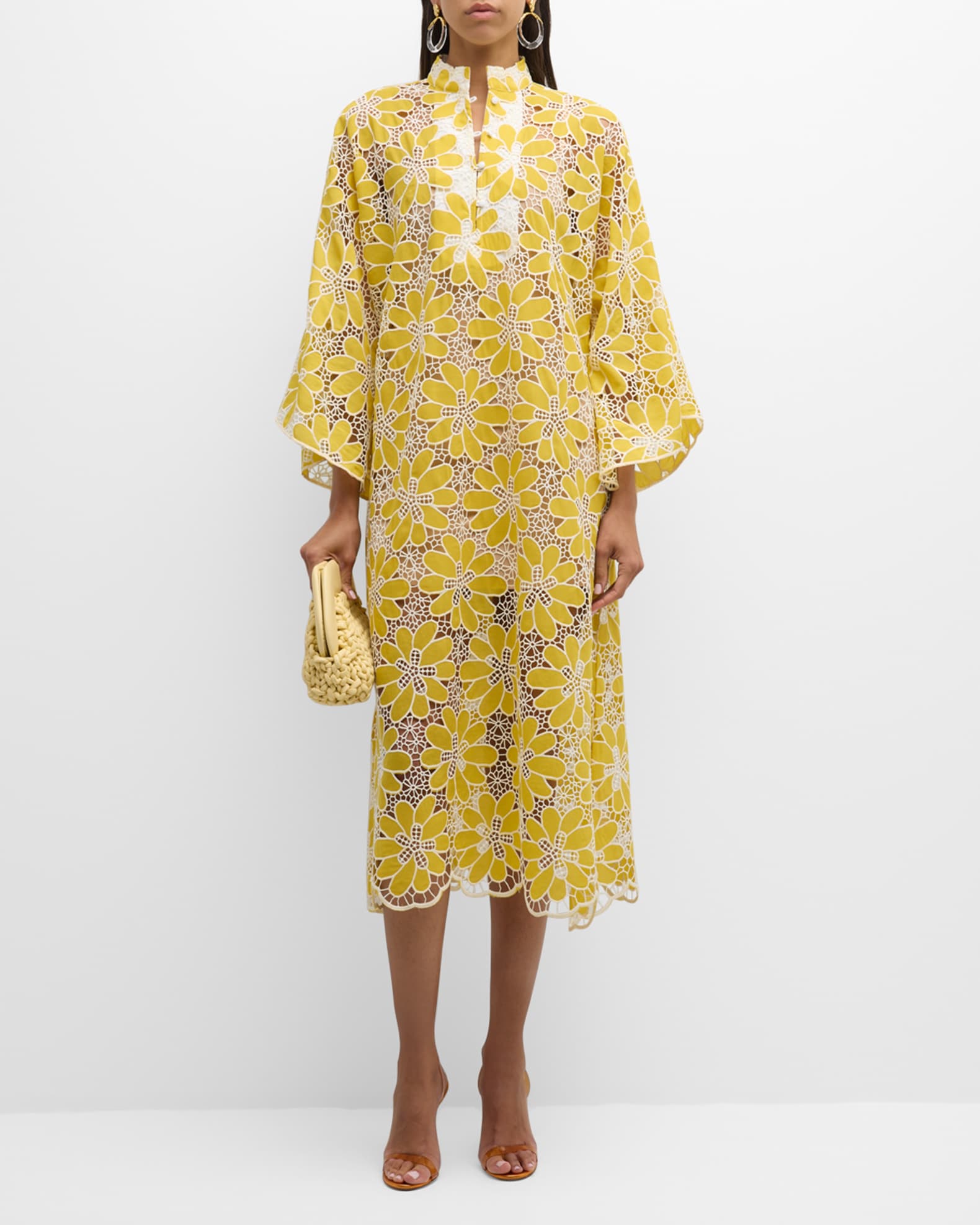 La Vie Style House Floral Lace Caftan Midi Dress | Neiman Marcus