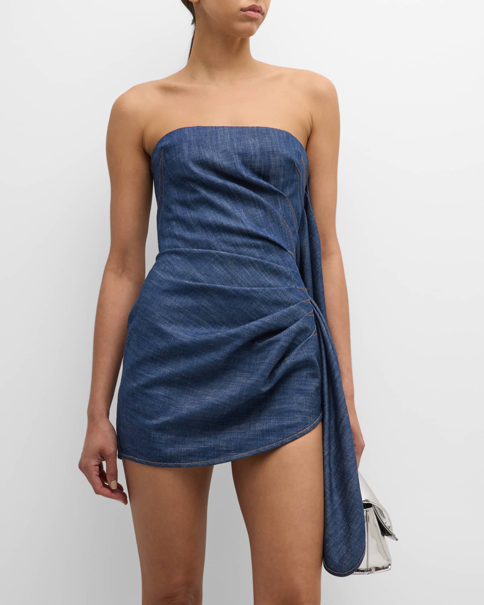 Laquan Smith Strapless Denim Mini Dress With Ruffle Detail Neiman Marcus