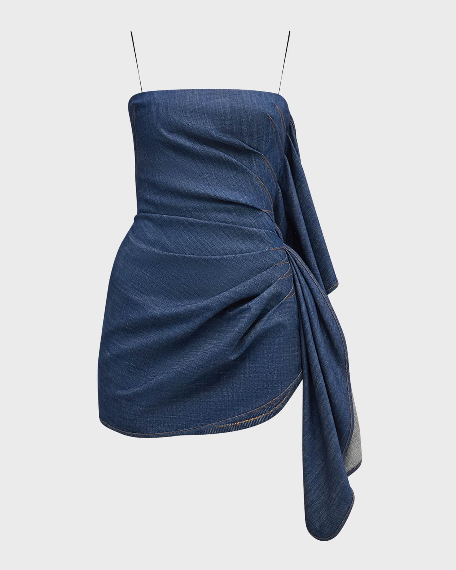 Laquan Smith Strapless Denim Mini Dress With Ruffle Detail Neiman Marcus