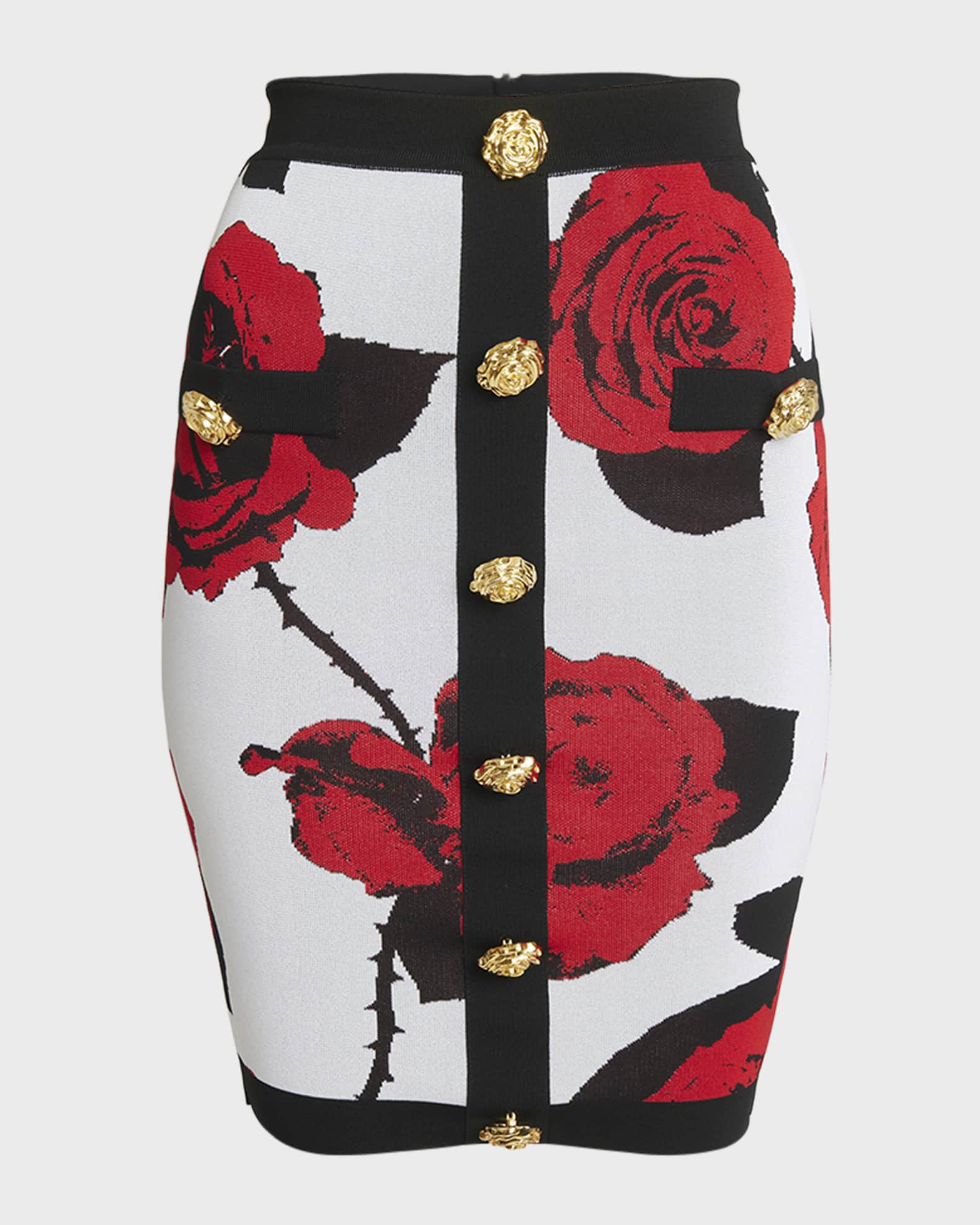 Balmain Rose Print Knit Pencil Skirt with Button Detail | Neiman Marcus