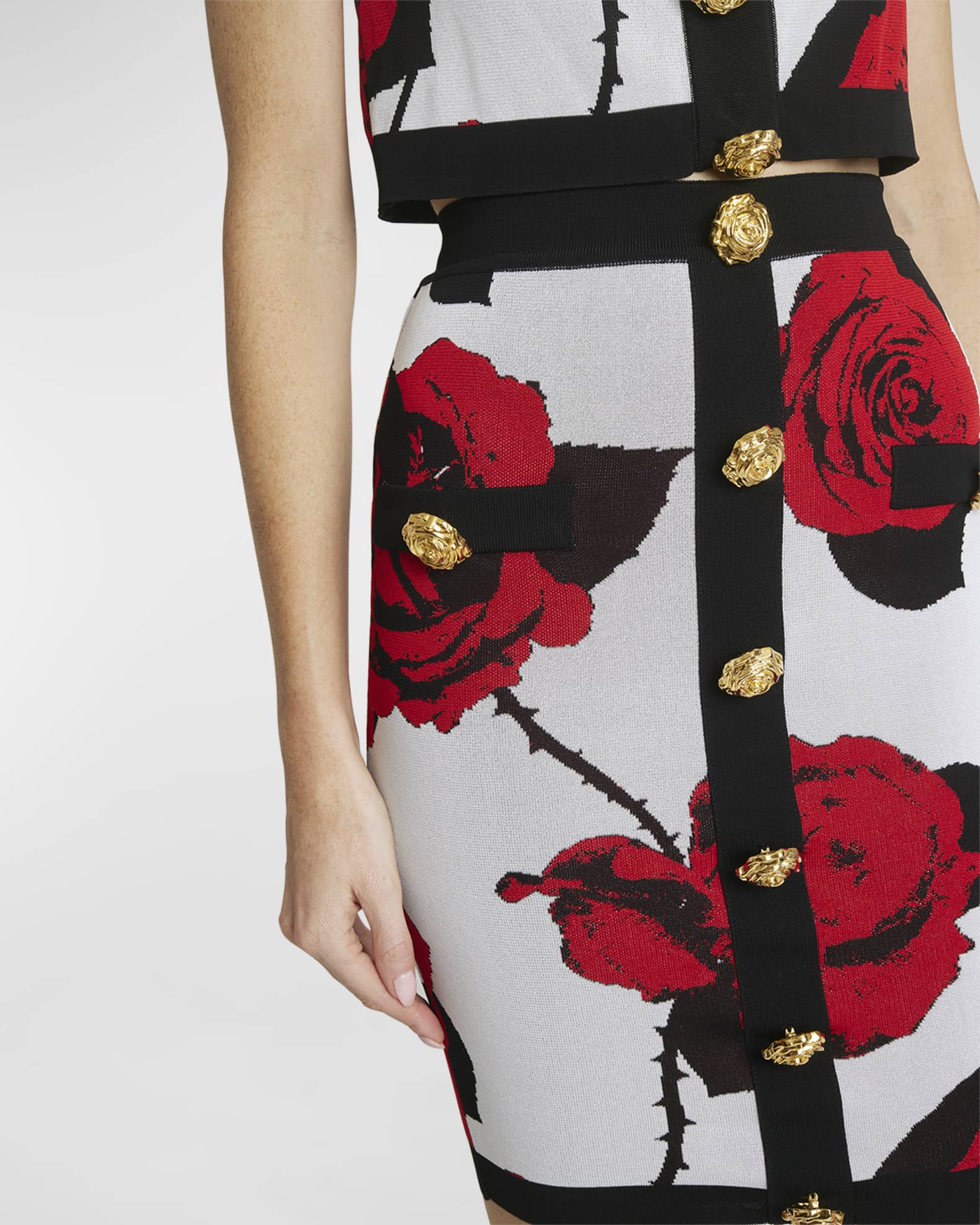 Balmain Rose Print Knit Pencil Skirt with Button Detail | Neiman Marcus