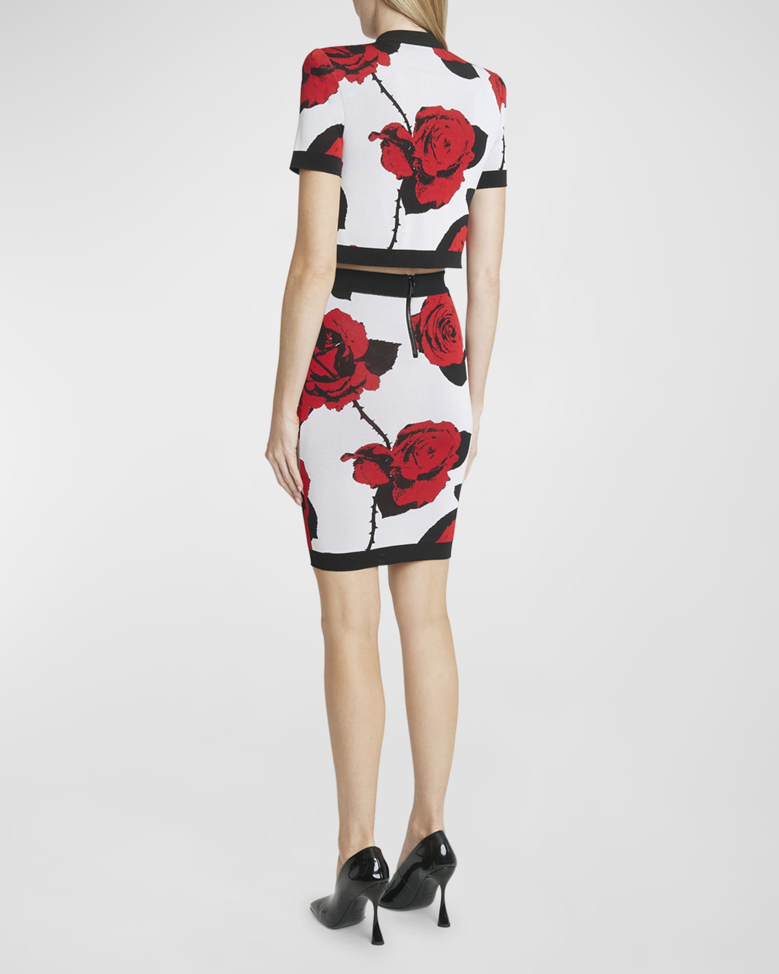 Balmain Cropped Rose Print Button-Down Cardigan | Neiman Marcus