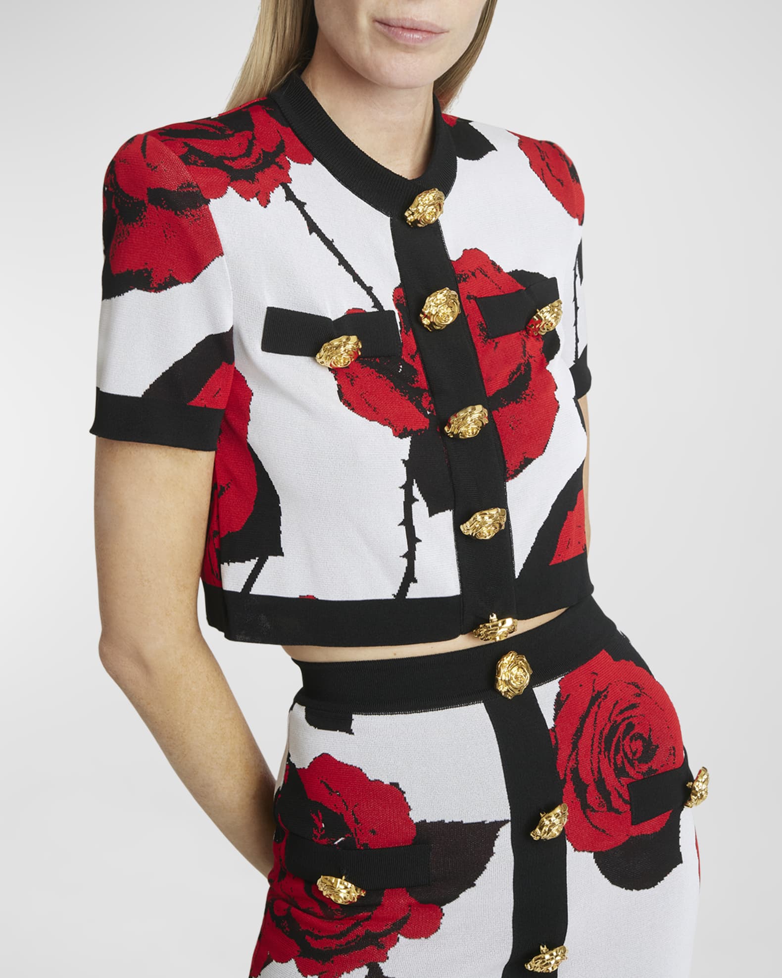 Balmain Cropped Rose Print Button-Down Cardigan | Neiman Marcus
