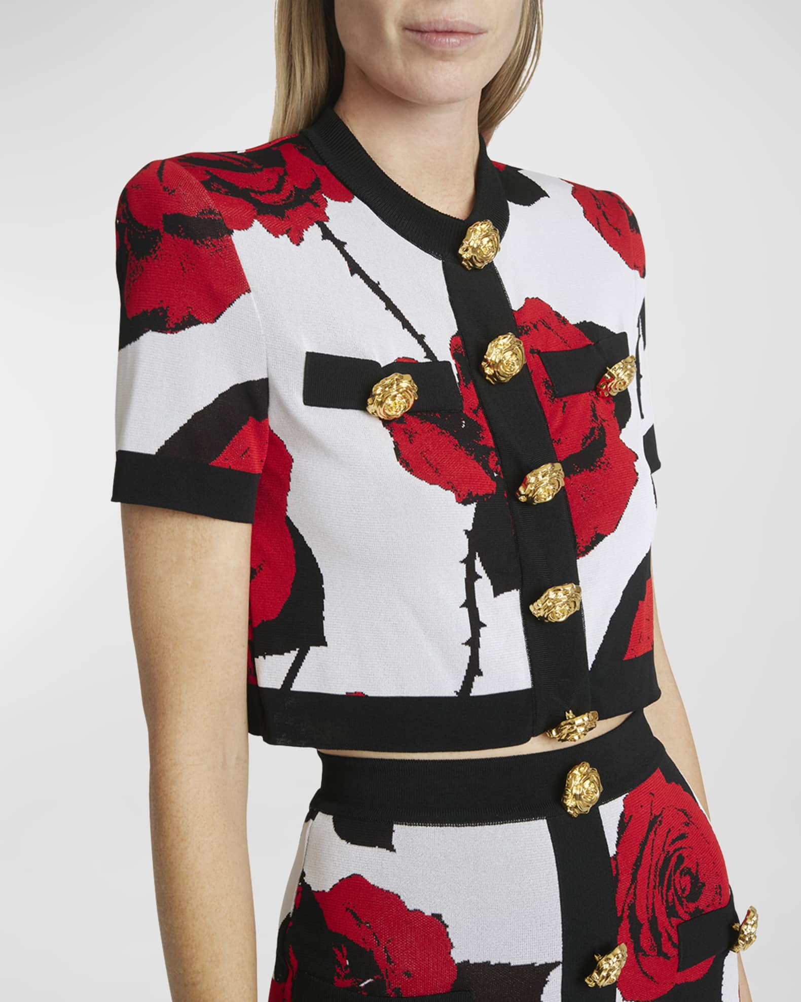 Balmain Cropped Rose Print Button-Down Cardigan | Neiman Marcus