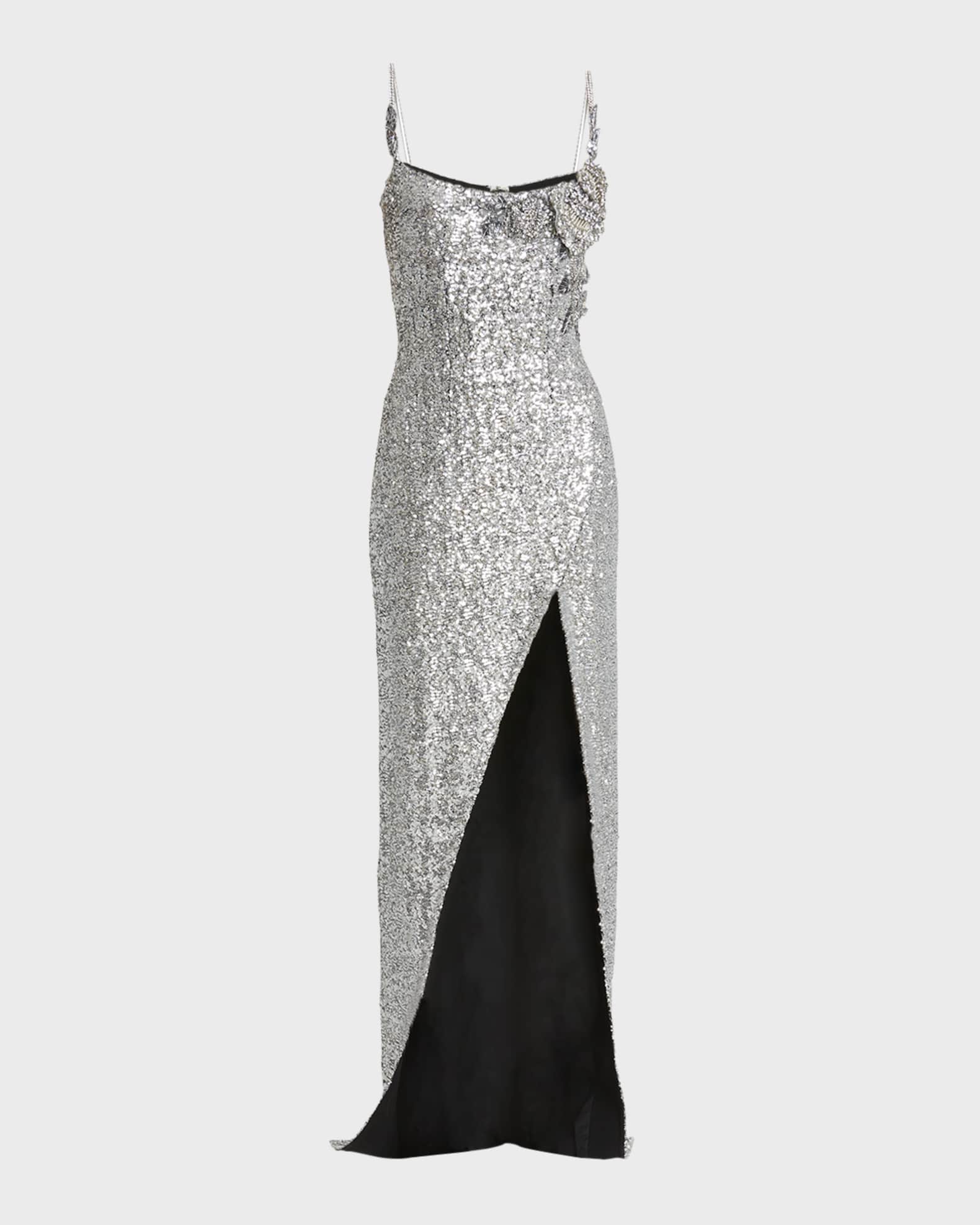 Balmain Sequined Column Gown with Rose Detail | Neiman Marcus