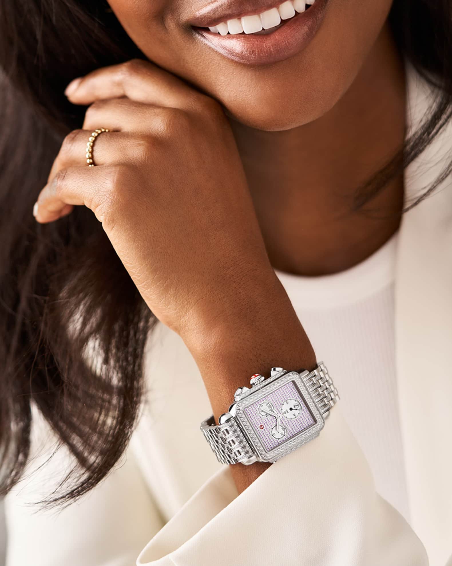 MICHELE Limited Edition Deco Diamond Dial and Pave Pink Sapphire Watch ...