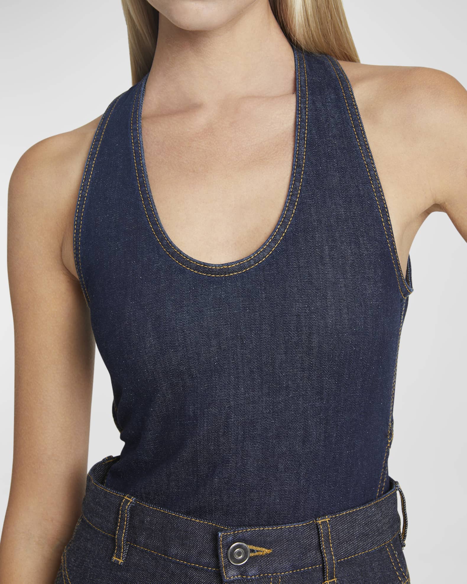 ALAIA Crossback Sleeveless Denim Bodysuit | Neiman Marcus
