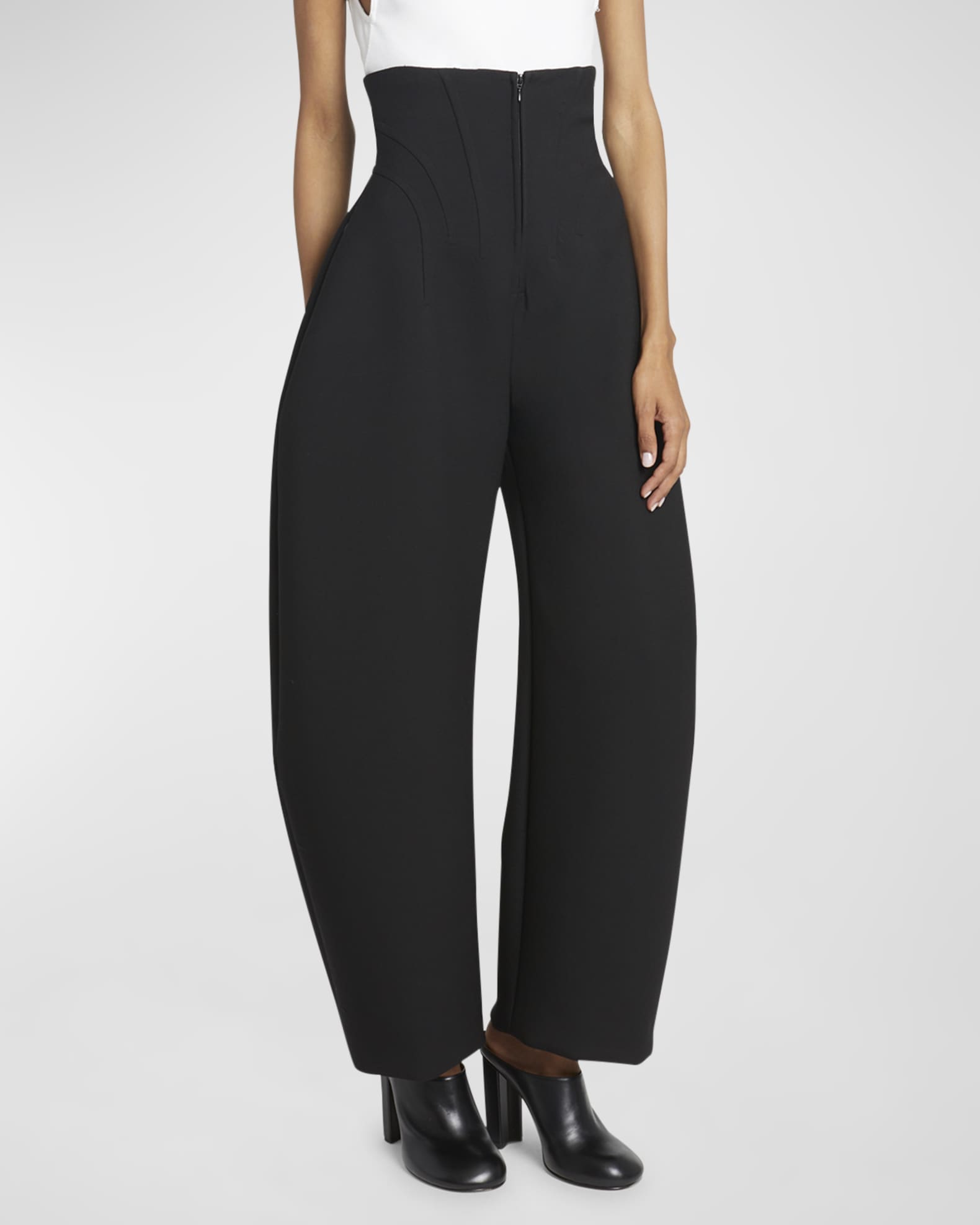 ALAIA High-Rise Arched Wide-Leg Corset Trousers | Neiman Marcus