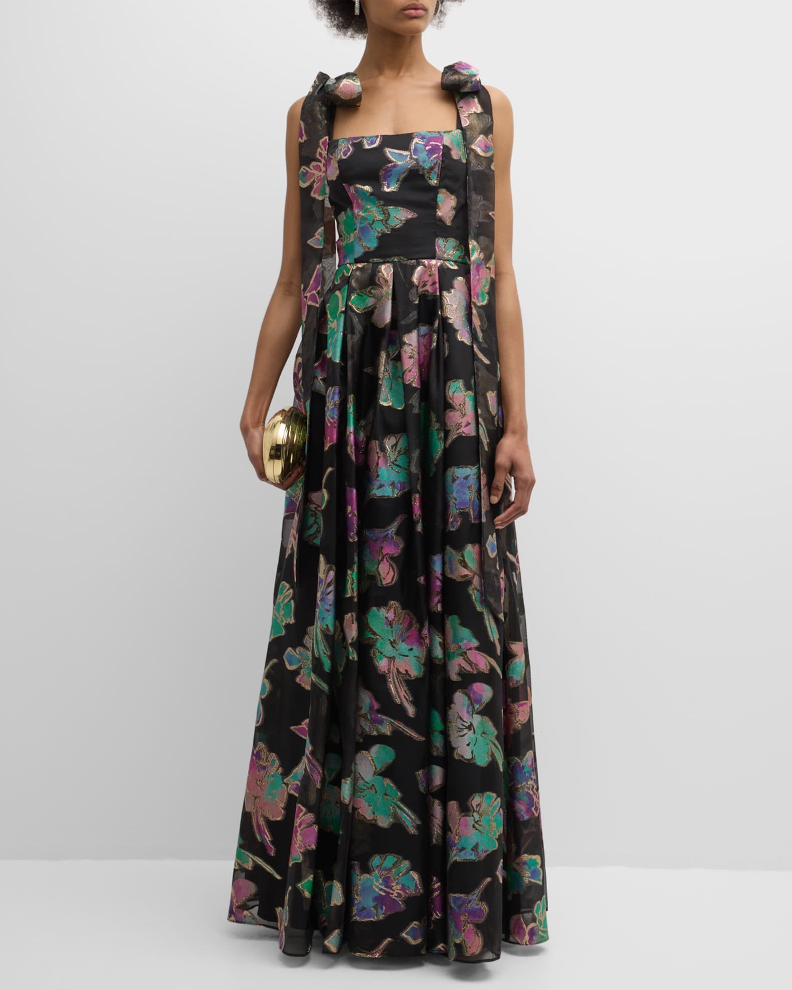 Black Halo Devalin Pleated Floral Organza Brocade Gown | Neiman Marcus
