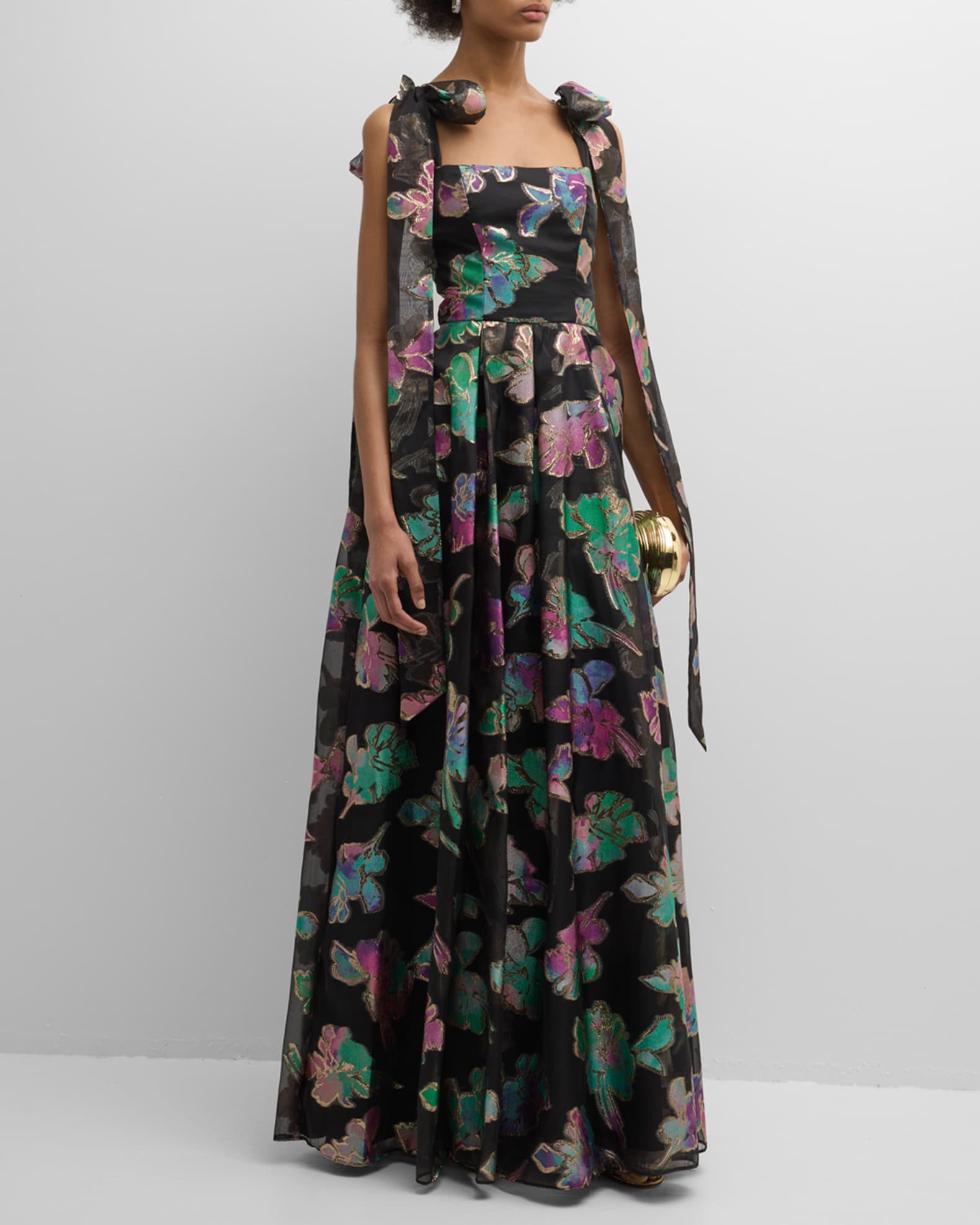 Black Halo Devalin Pleated Floral Organza Brocade Gown | Neiman Marcus