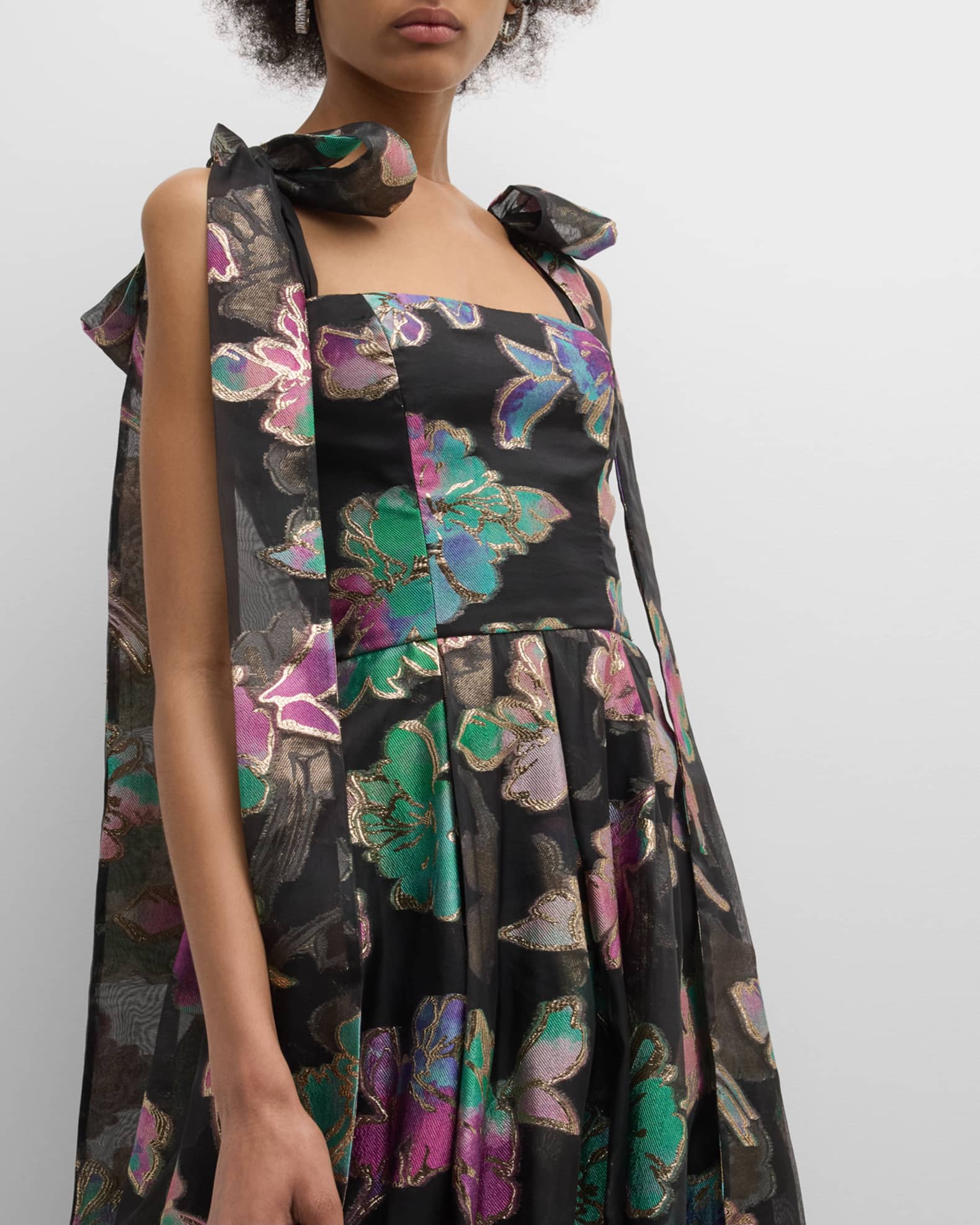 Black Halo Devalin Pleated Floral Organza Brocade Gown | Neiman Marcus