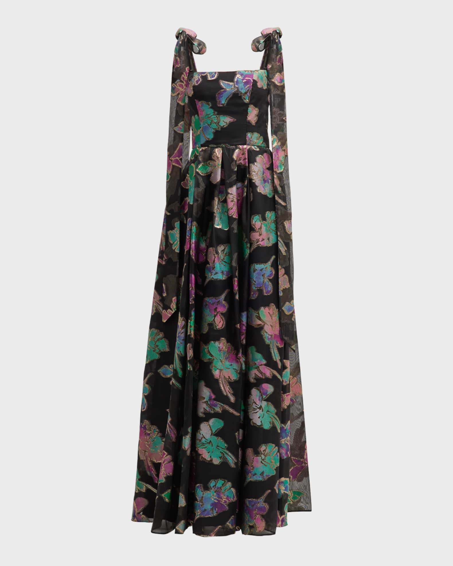Black Halo Devalin Pleated Floral Organza Brocade Gown | Neiman Marcus