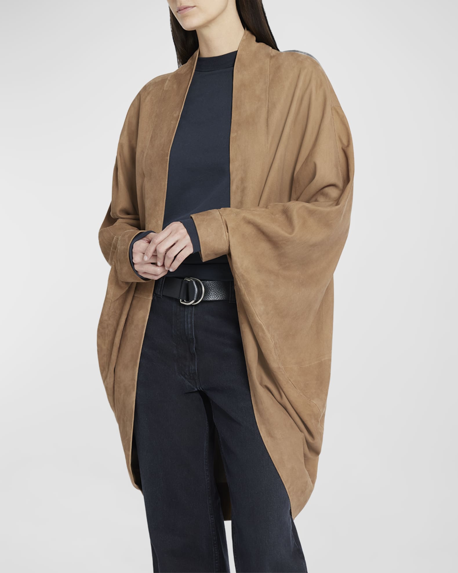 THE ROW Flo Suede Open-Front Coat | Neiman Marcus