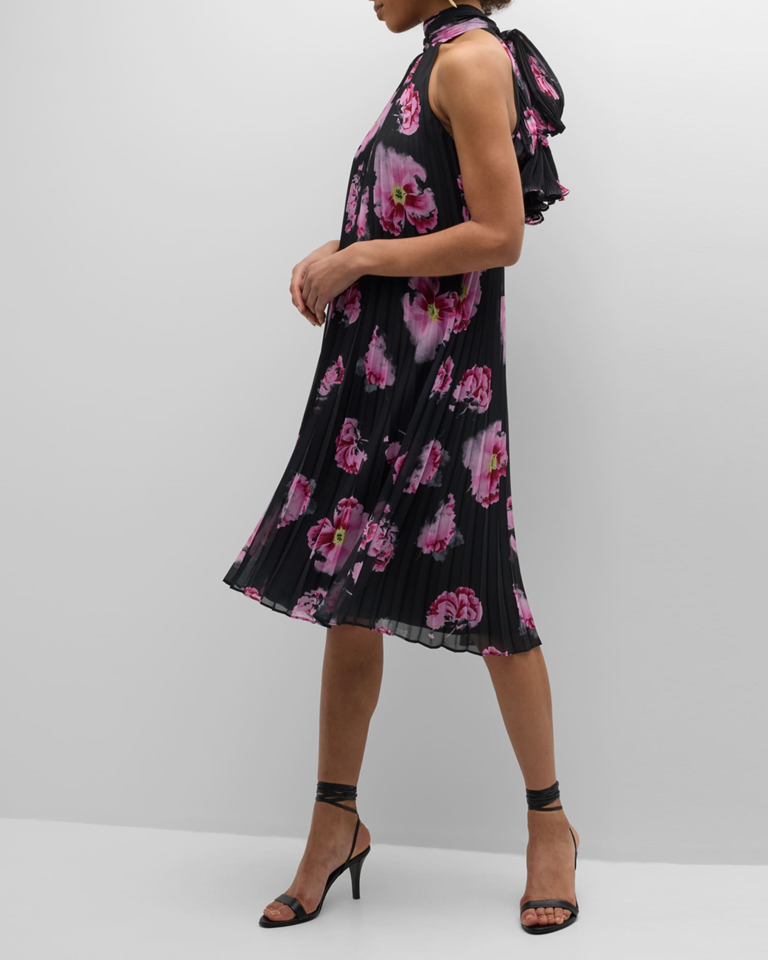 Ungaro Pleated Floral-Print Chiffon Halter Midi Dress | Neiman Marcus