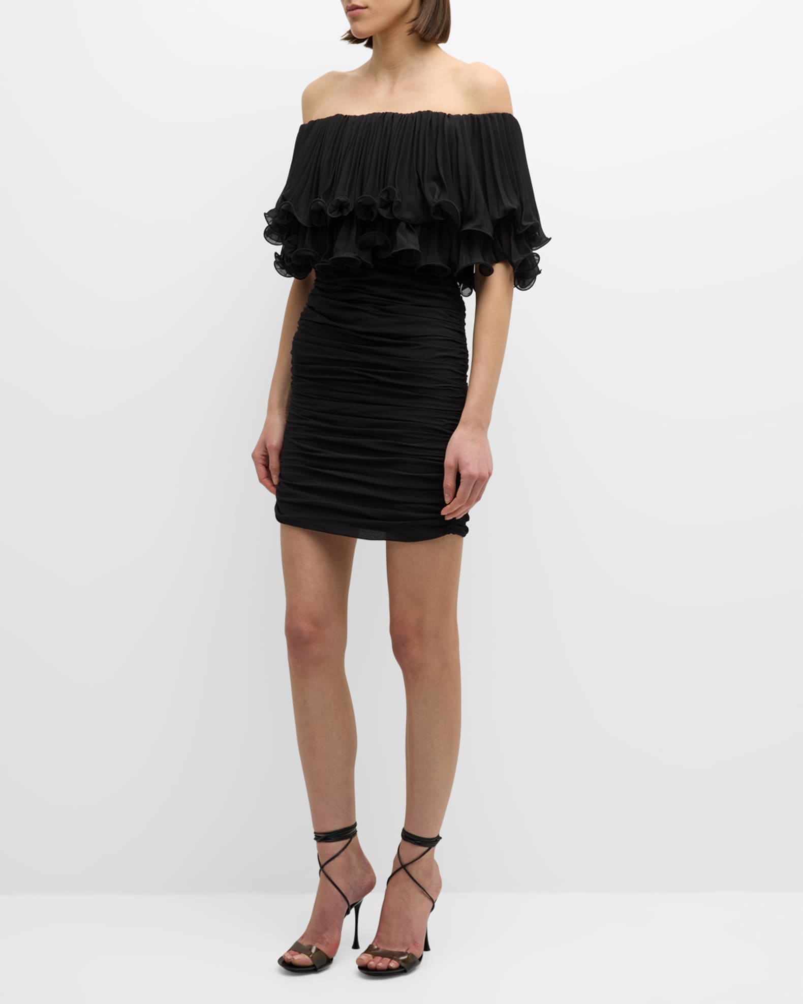 Ungaro Milan Ruched Off-Shoulder Ruffle Mini Dress | Neiman Marcus