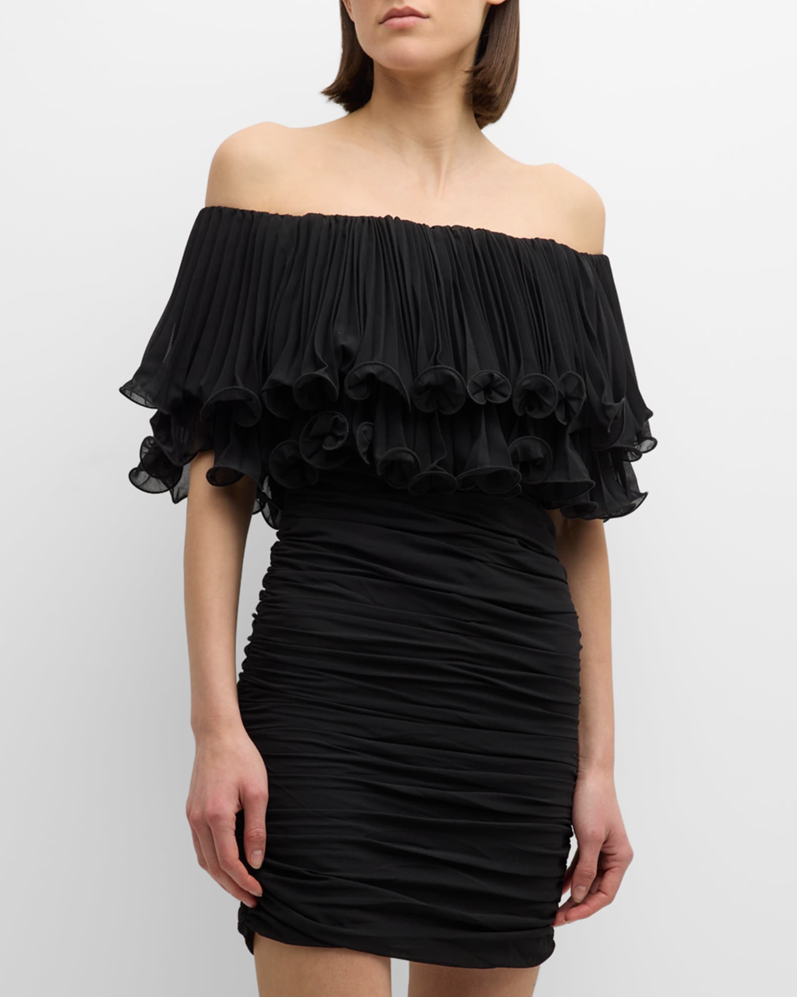 Ungaro Milan Ruched Off-Shoulder Ruffle Mini Dress | Neiman Marcus
