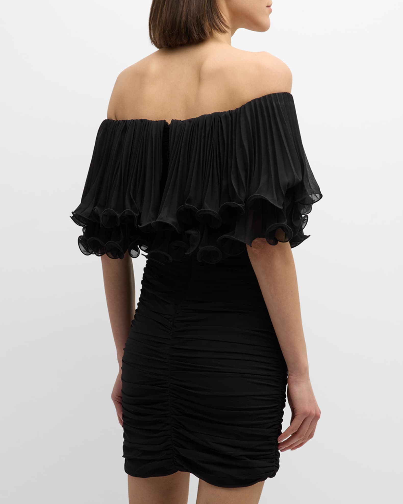 Ungaro Milan Ruched Off-Shoulder Ruffle Mini Dress | Neiman Marcus