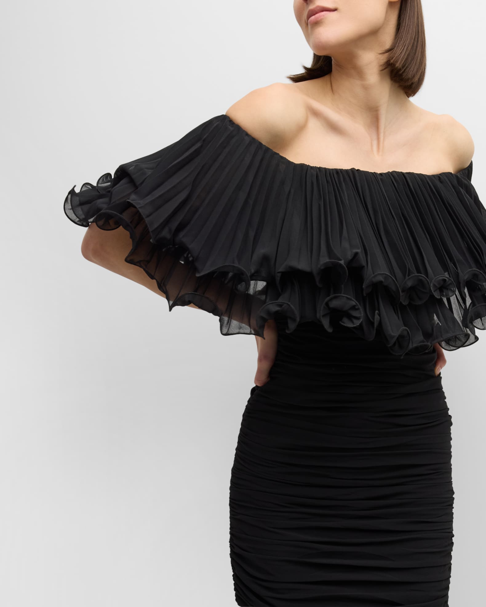 Ungaro Milan Ruched Off-Shoulder Ruffle Mini Dress | Neiman Marcus
