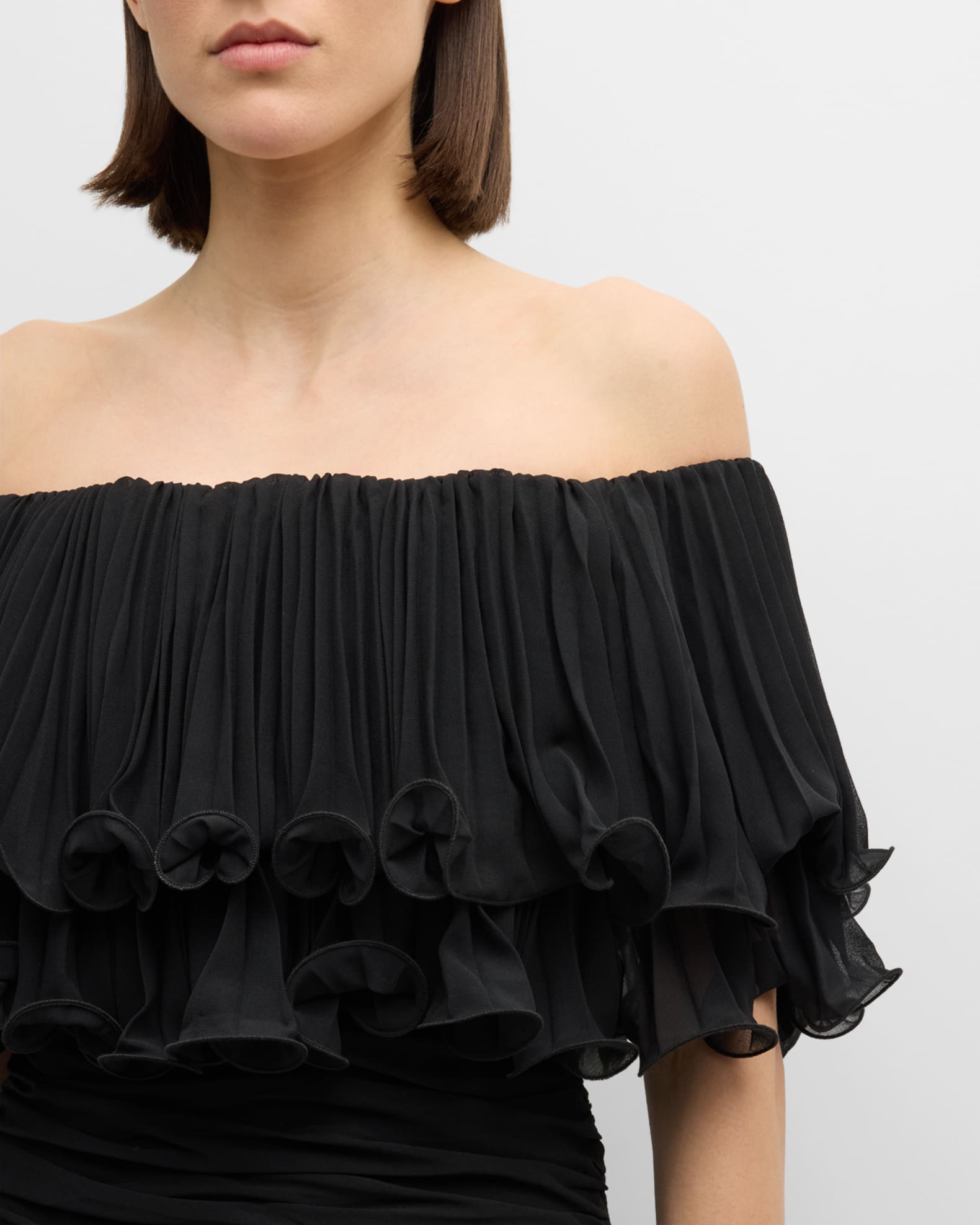 Ungaro Milan Ruched Off-Shoulder Ruffle Mini Dress | Neiman Marcus