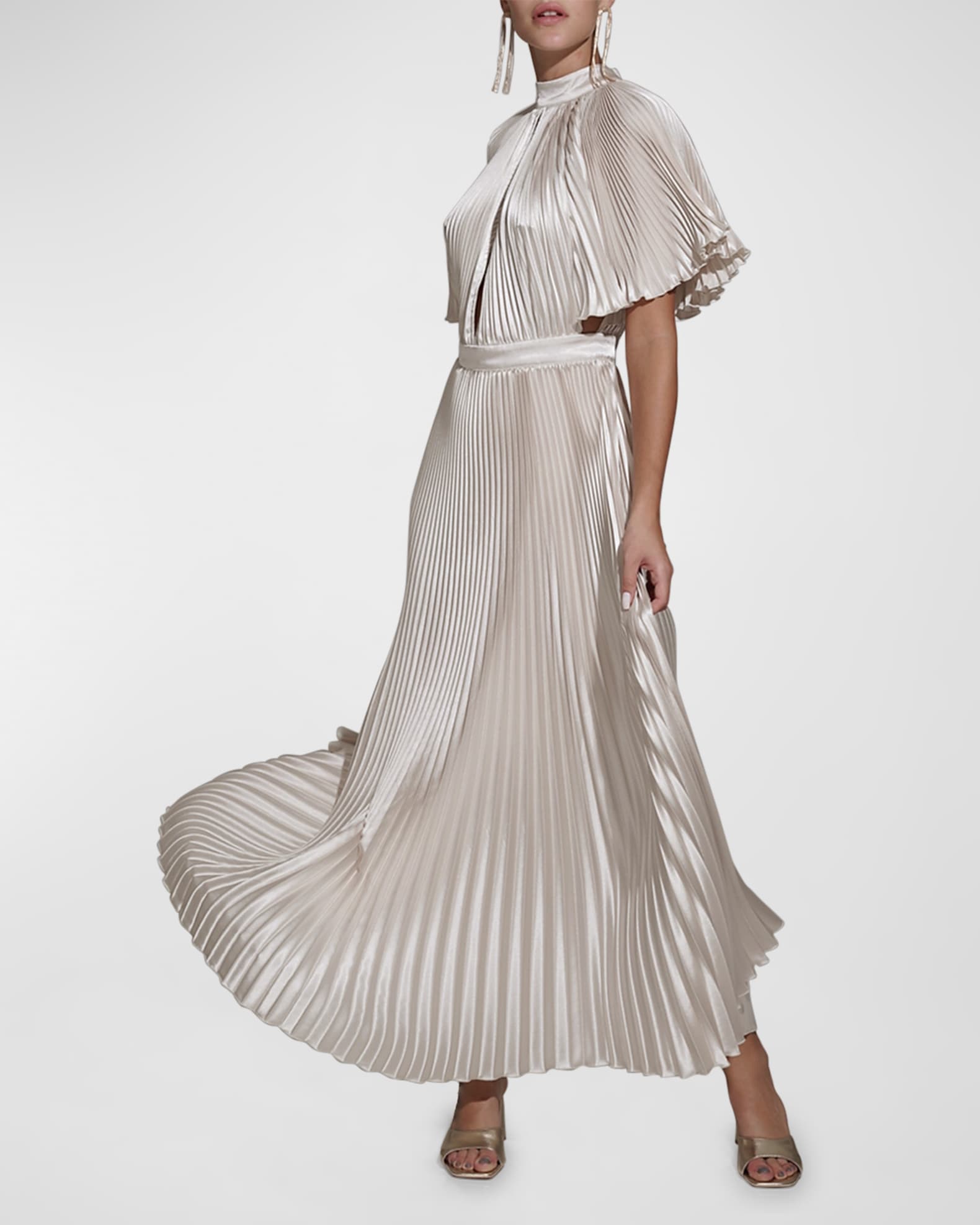 L'IDEE Elite Pleated Flared-Sleeve Cutout Gown | Neiman Marcus