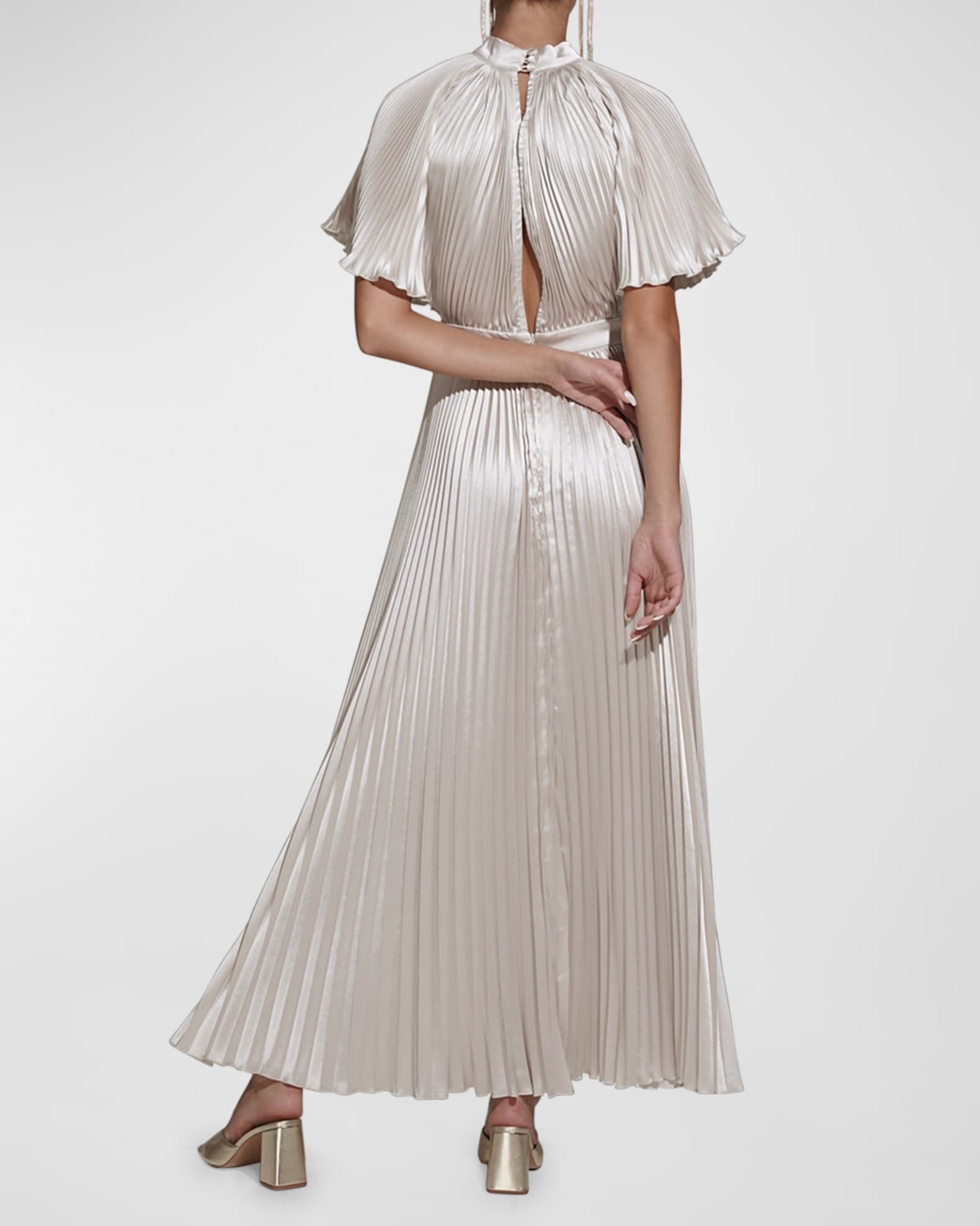 L'IDEE Elite Pleated Flared-Sleeve Cutout Gown | Neiman Marcus