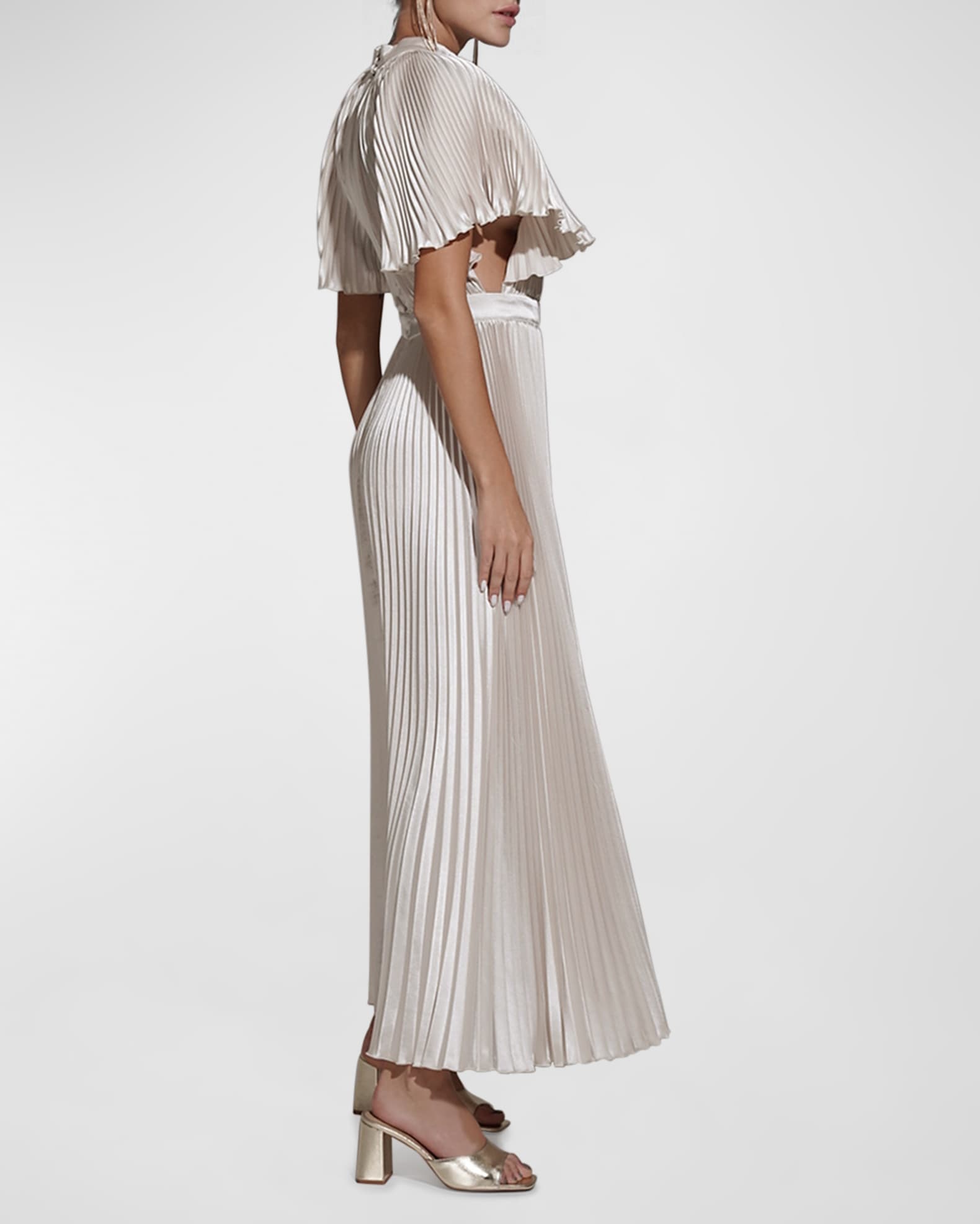 L'IDEE Elite Pleated Flared-Sleeve Cutout Gown | Neiman Marcus