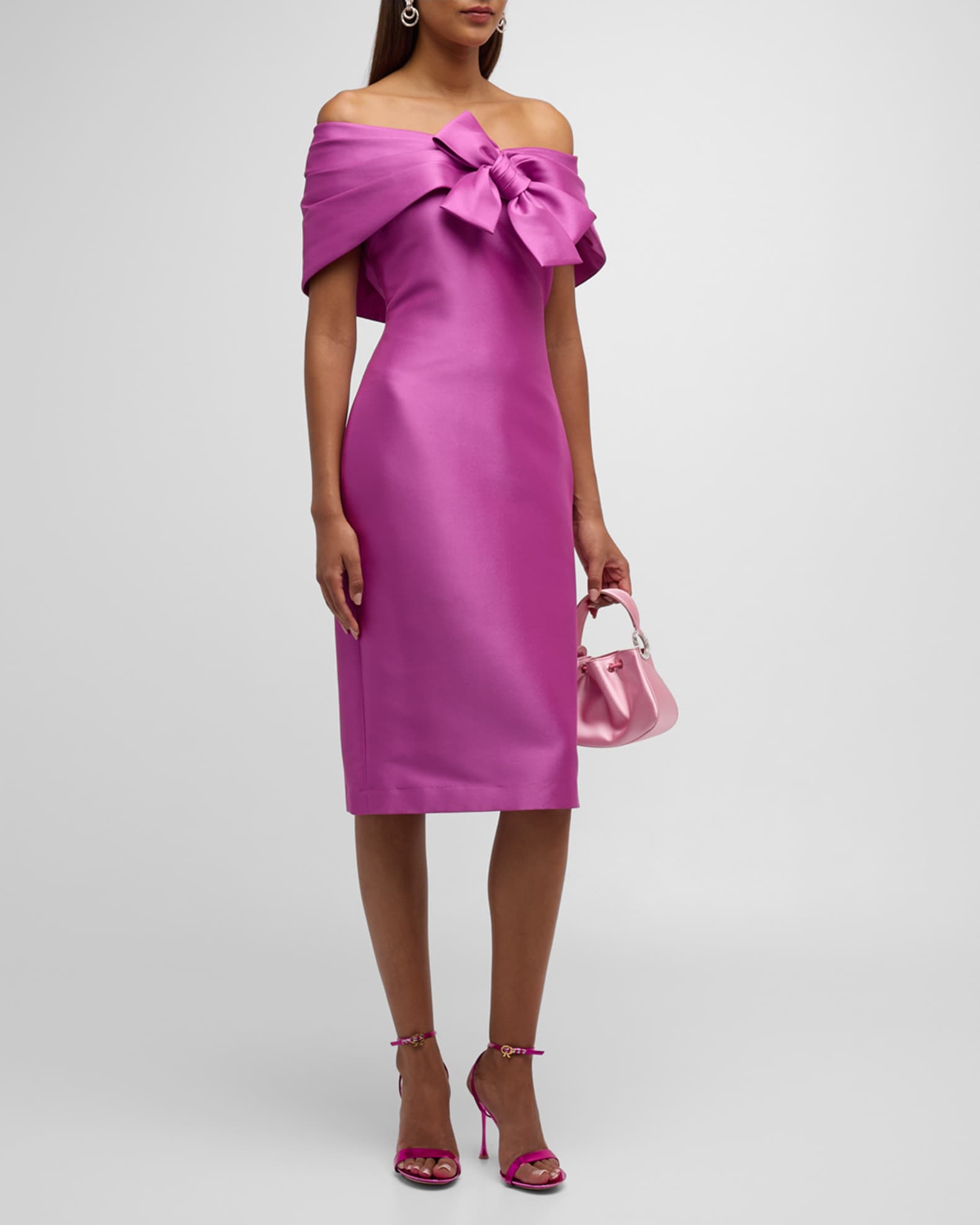 Badgley Mischka Collection Off-Shoulder Bow-Front Bodycon Midi Dress ...