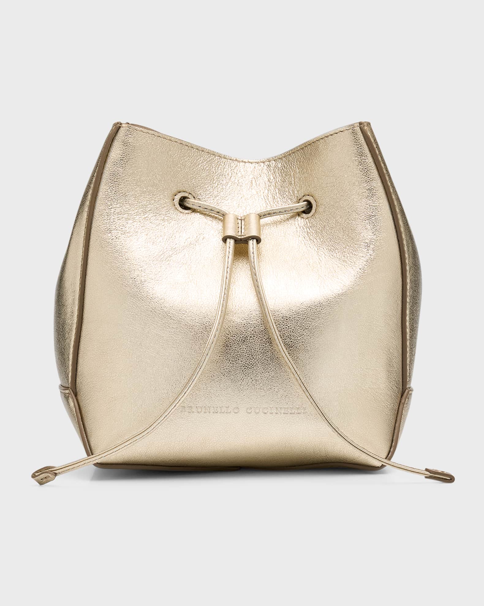 Brunello Cucinelli Small Drawstring Metallic Leather Bucket Bag | Neiman Marcus