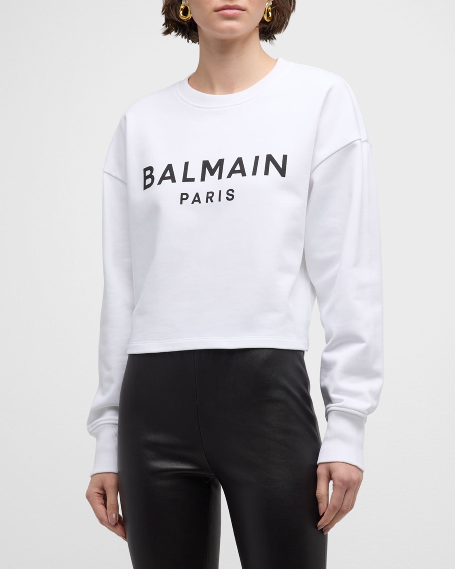 Balmain Logo Bulky Crop Sweatshirt | Neiman Marcus