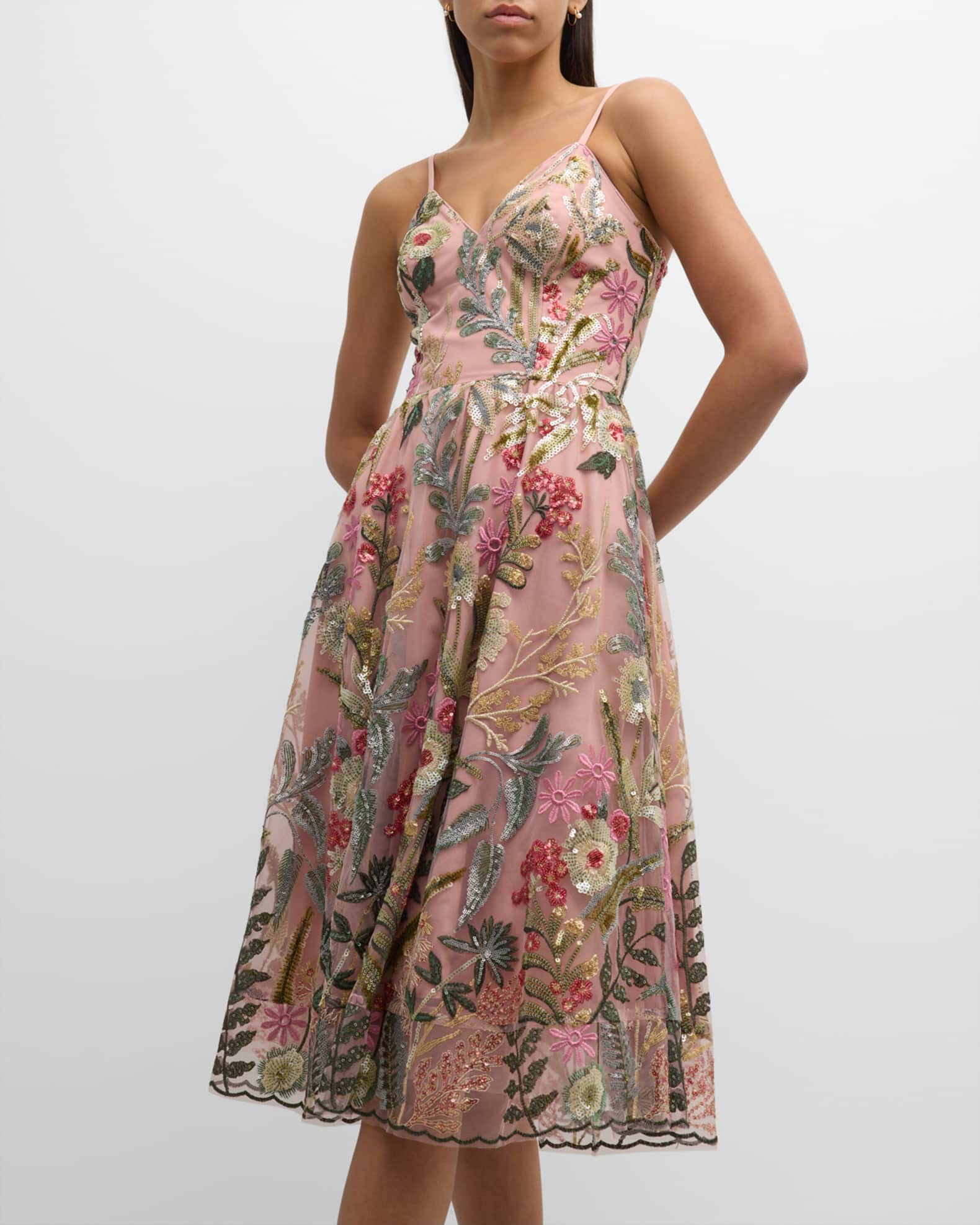 Dress the Population Black Label Maren Sequin Floral-Embroidered Midi Dress | Neiman Marcus