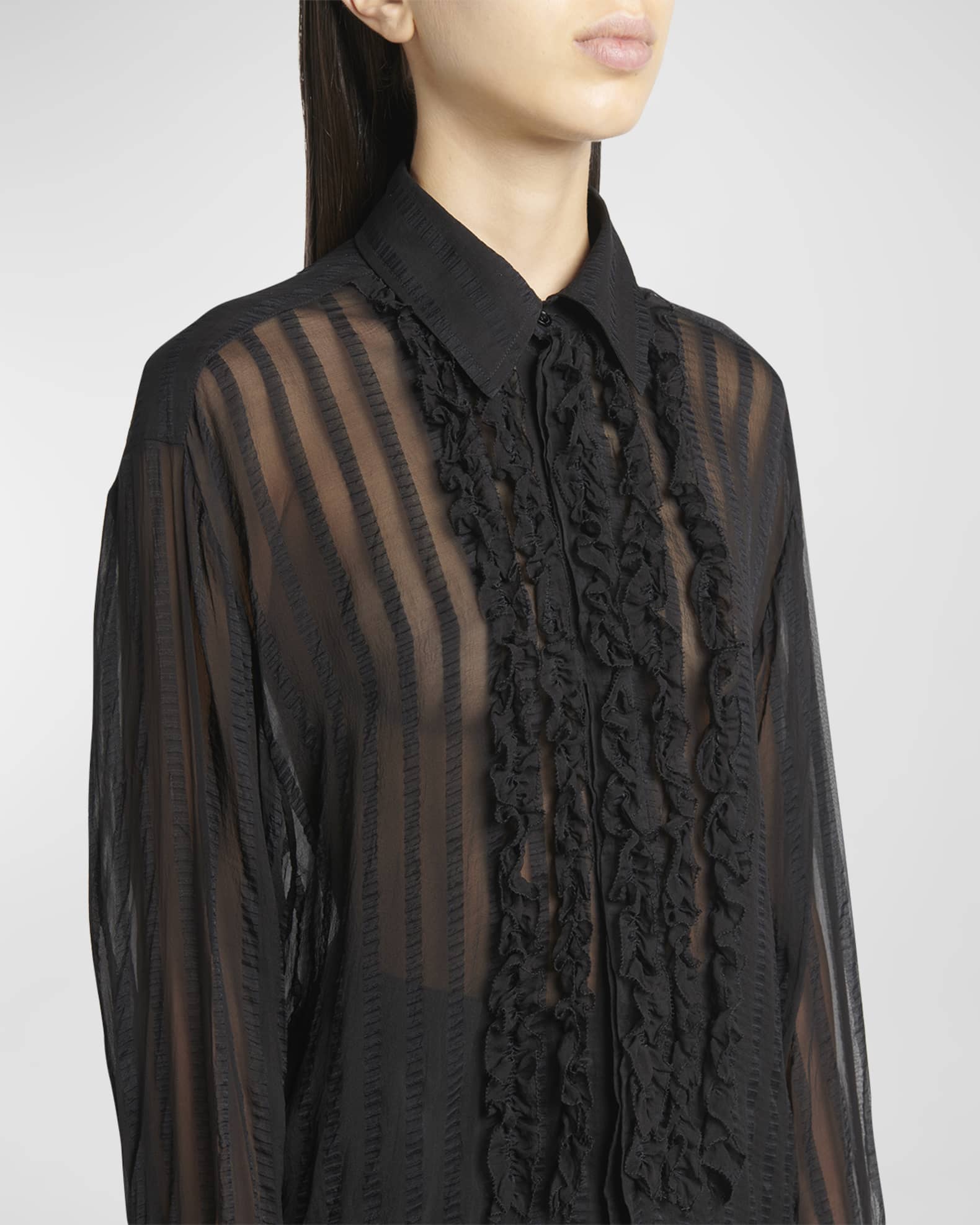 Stella McCartney Sheer Ruffled Silk Tuxedo Shirt | Neiman Marcus