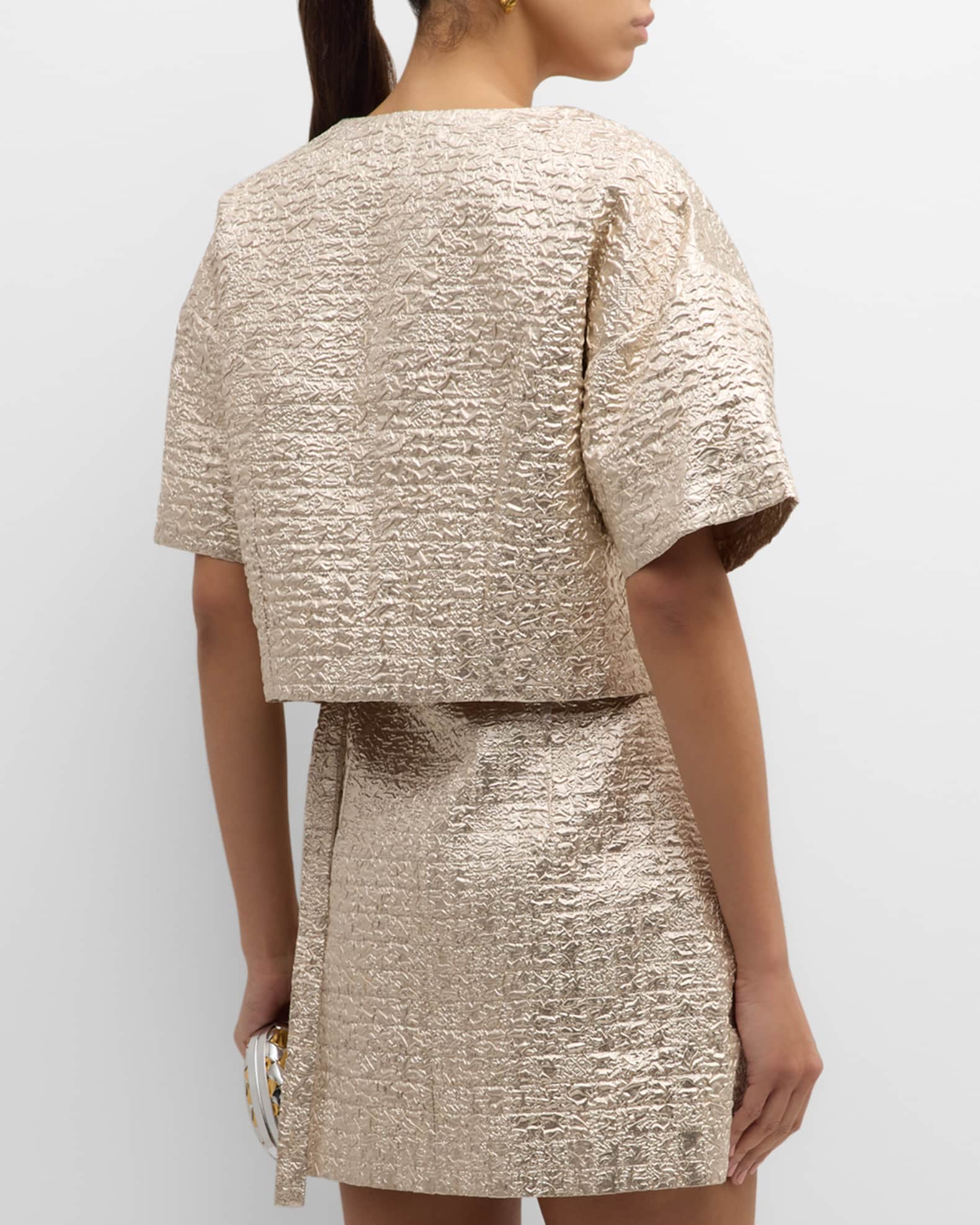 Emilia Wickstead Enna Metallic Seersucker Short-Sleeve Crop Jacket | Neiman Marcus