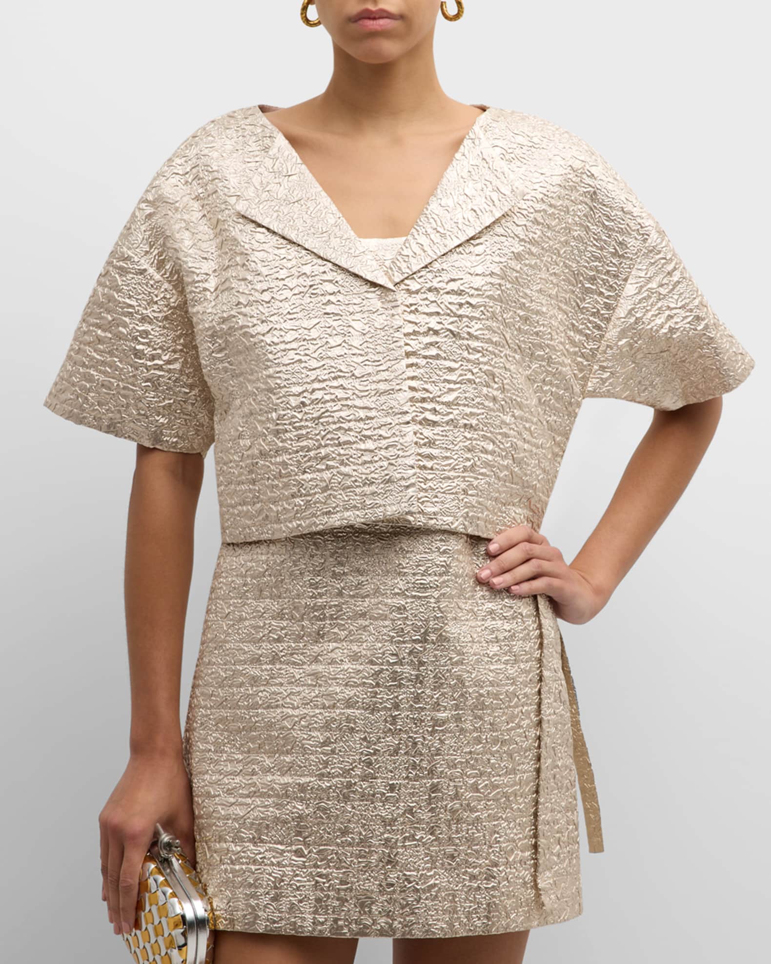 Emilia Wickstead Enna Metallic Seersucker Short-Sleeve Crop Jacket | Neiman Marcus