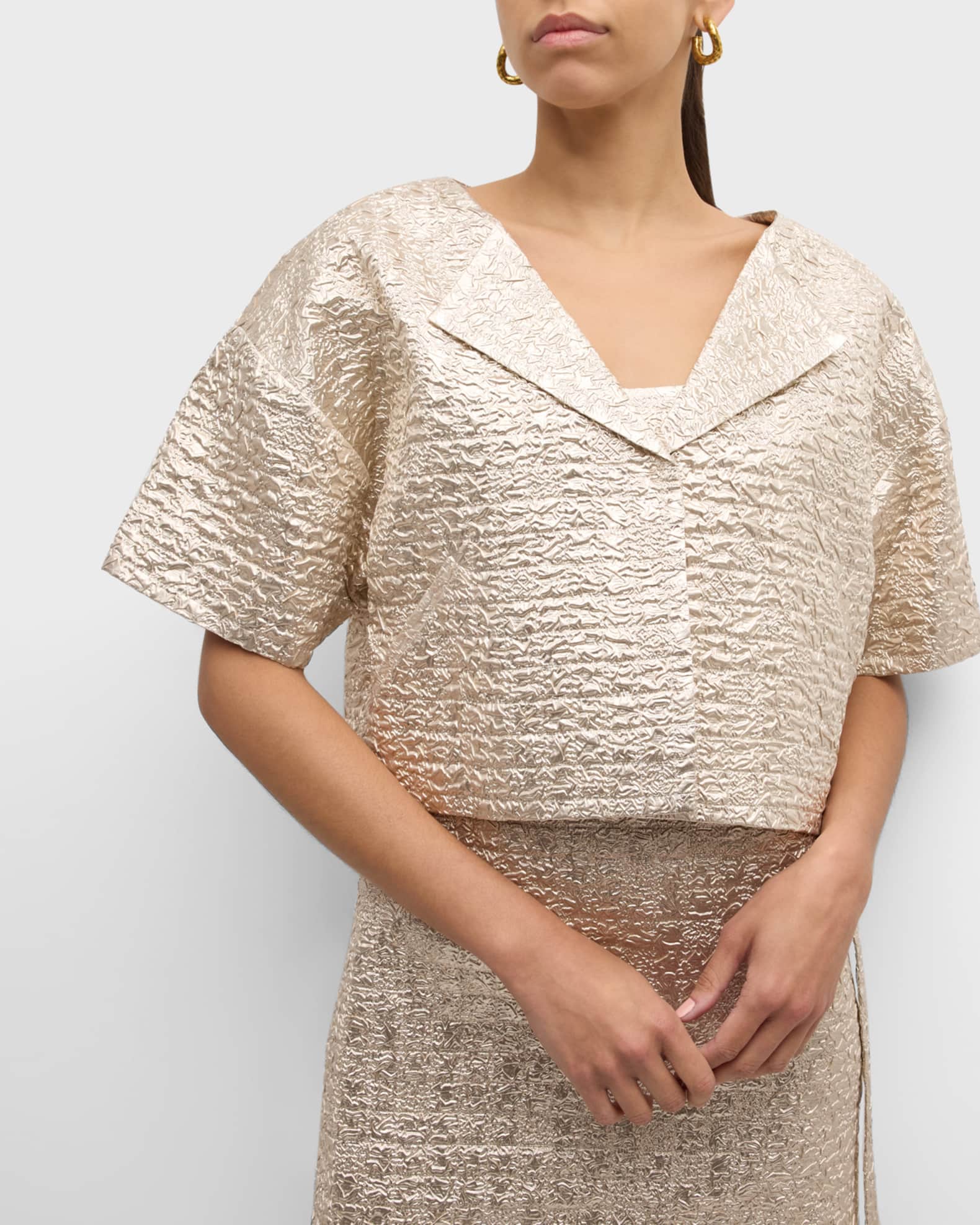 Emilia Wickstead Enna Metallic Seersucker Short-Sleeve Crop Jacket | Neiman Marcus