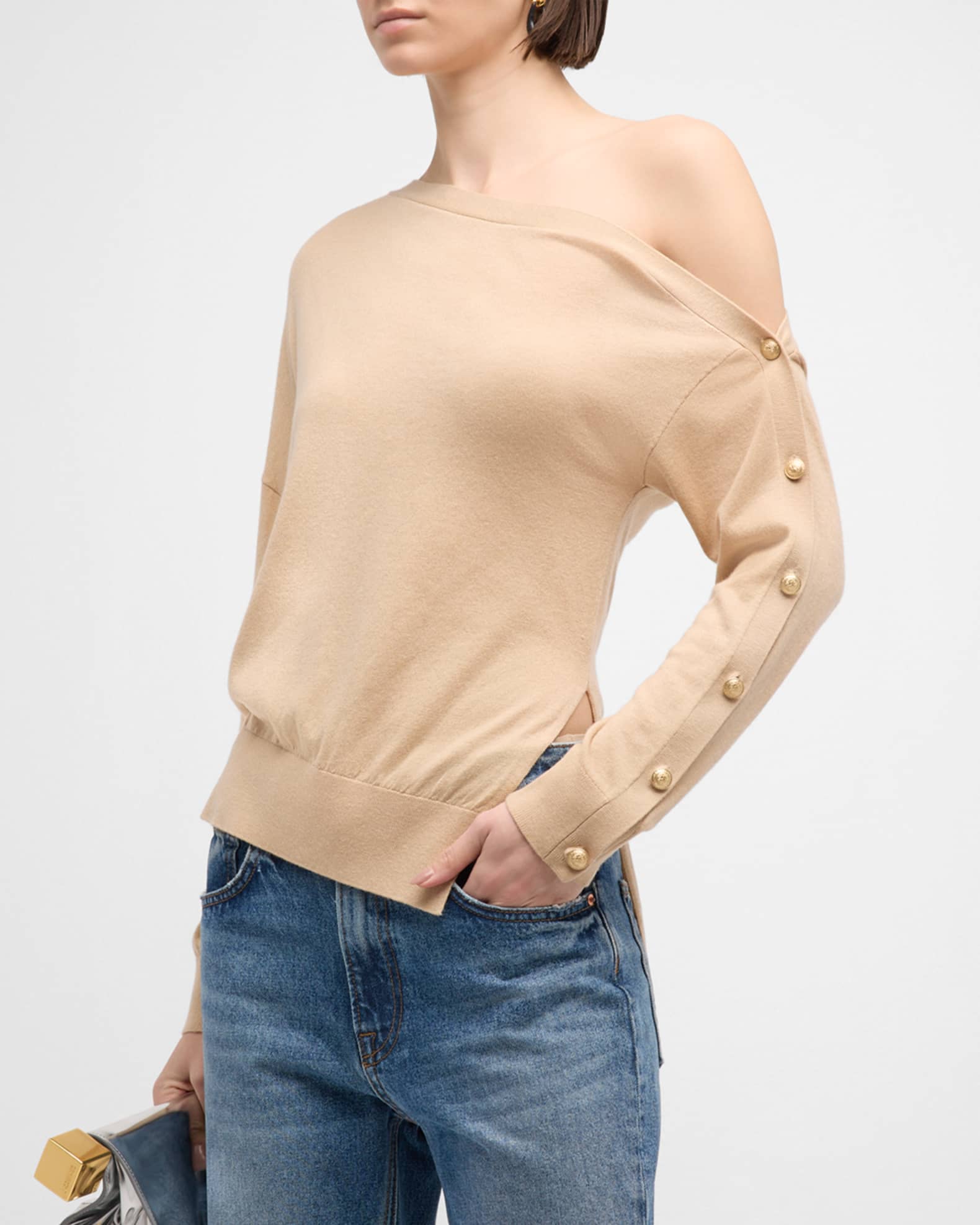 L'Agence Ledger Off-The-Shoulder Button Sweater | Neiman Marcus