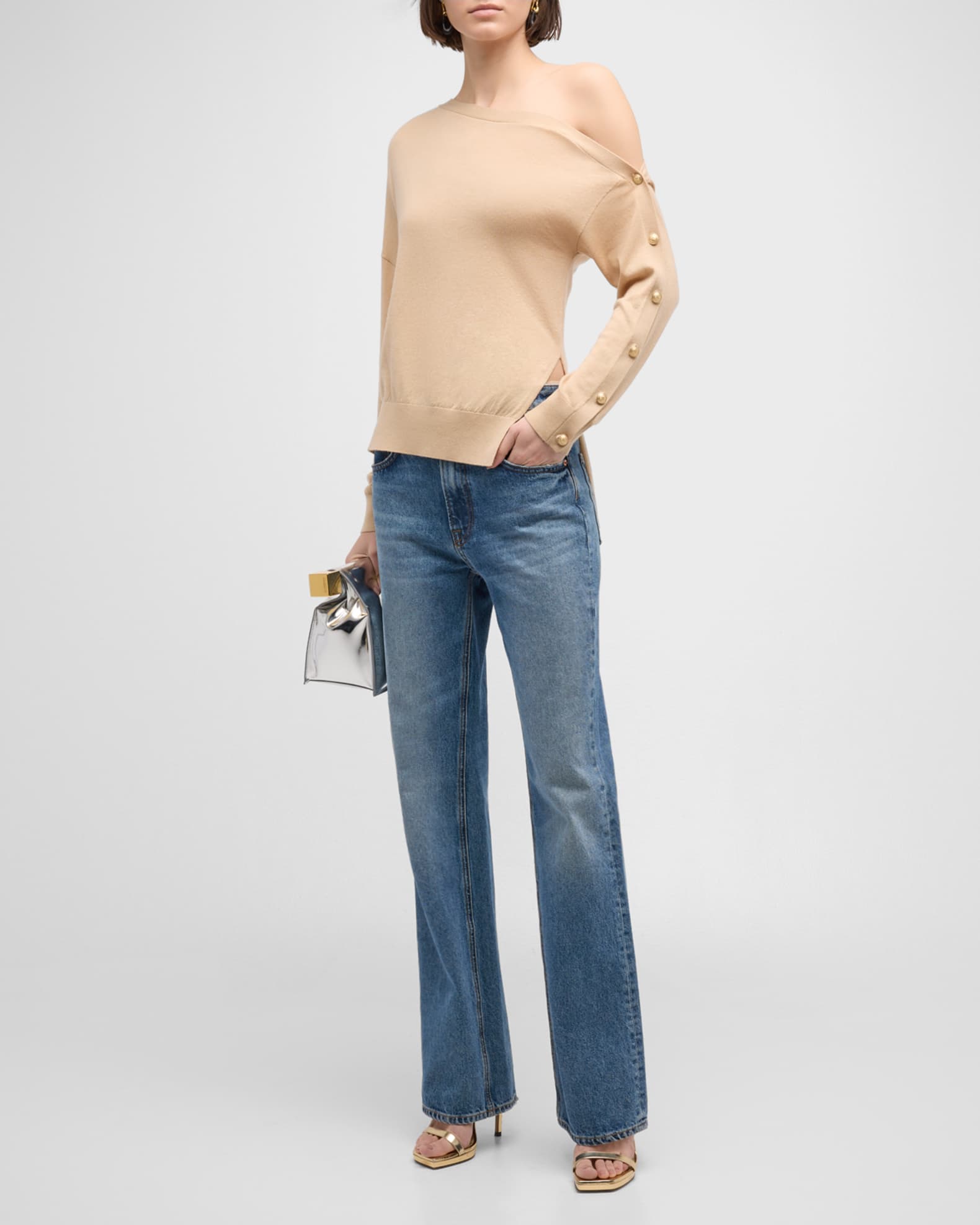 L'Agence Ledger Off-The-Shoulder Button Sweater | Neiman Marcus