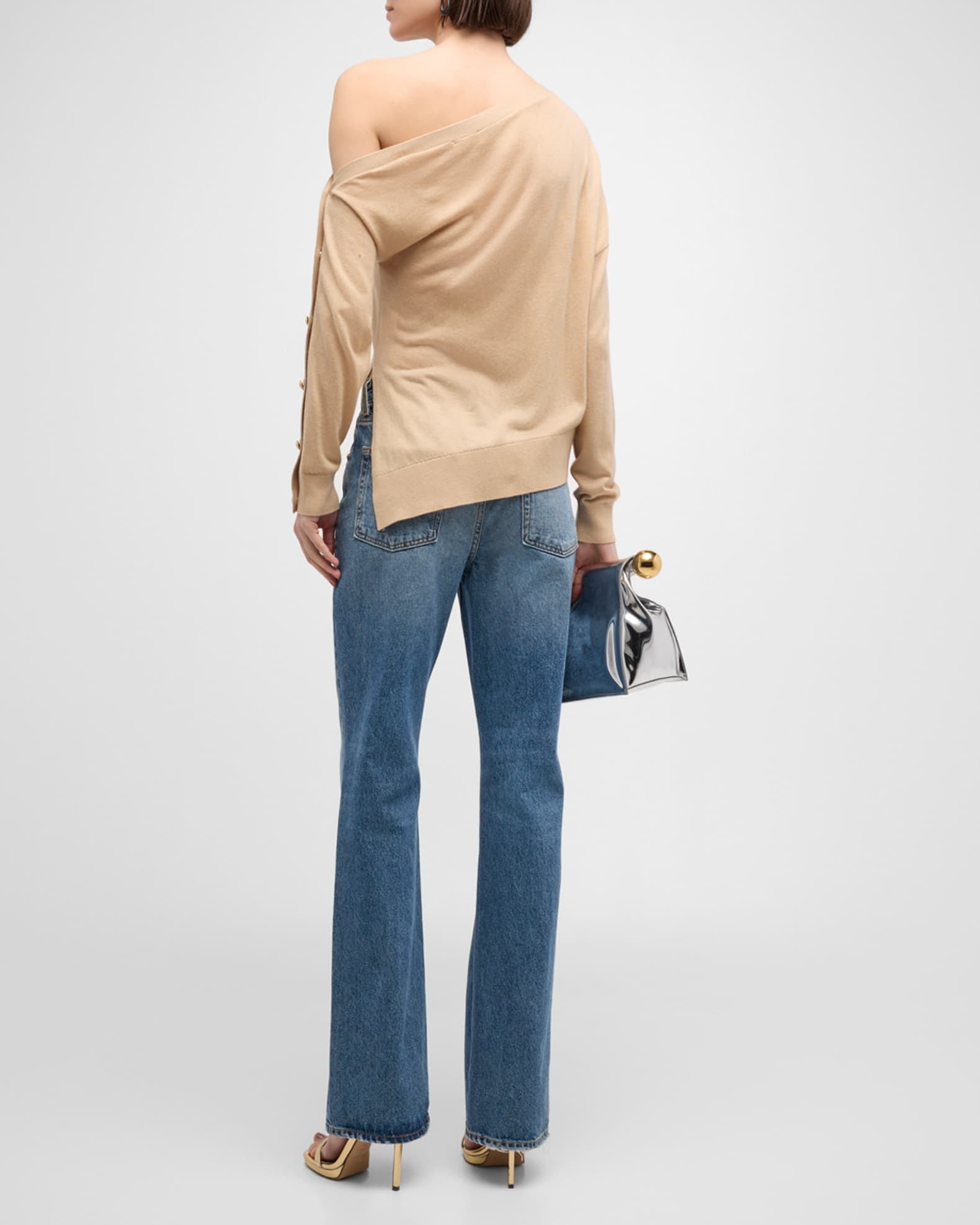 L'Agence Ledger Off-The-Shoulder Button Sweater | Neiman Marcus