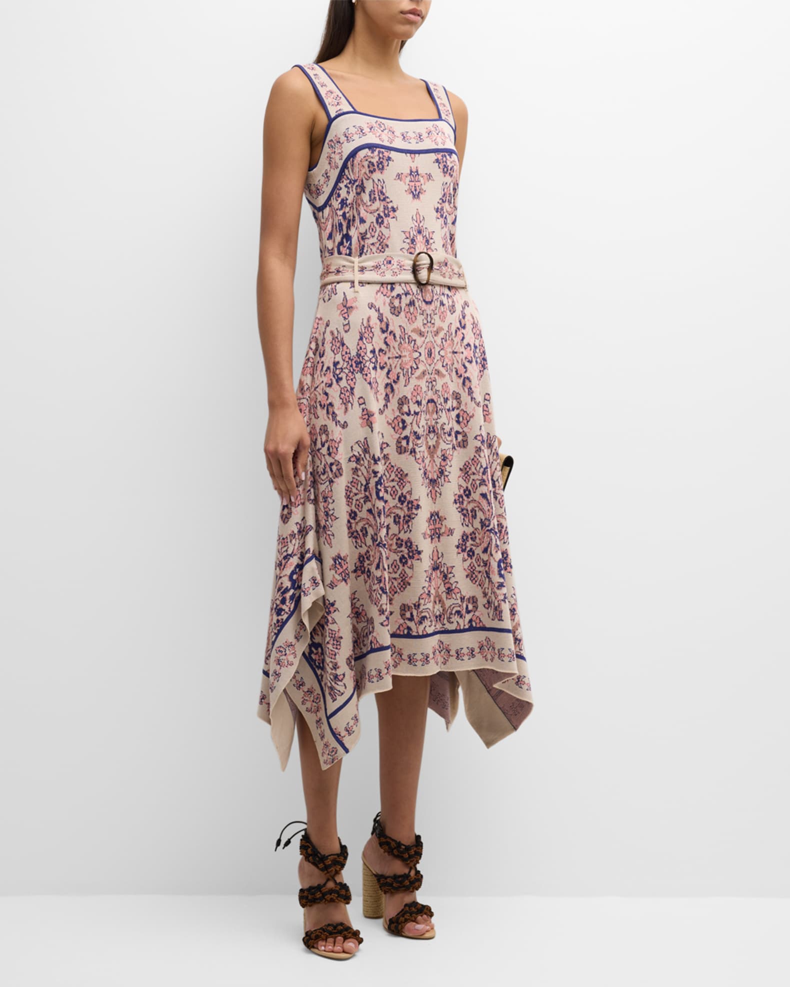 Misook Floral Jacquard-Knit Handkerchief Midi Dress | Neiman Marcus