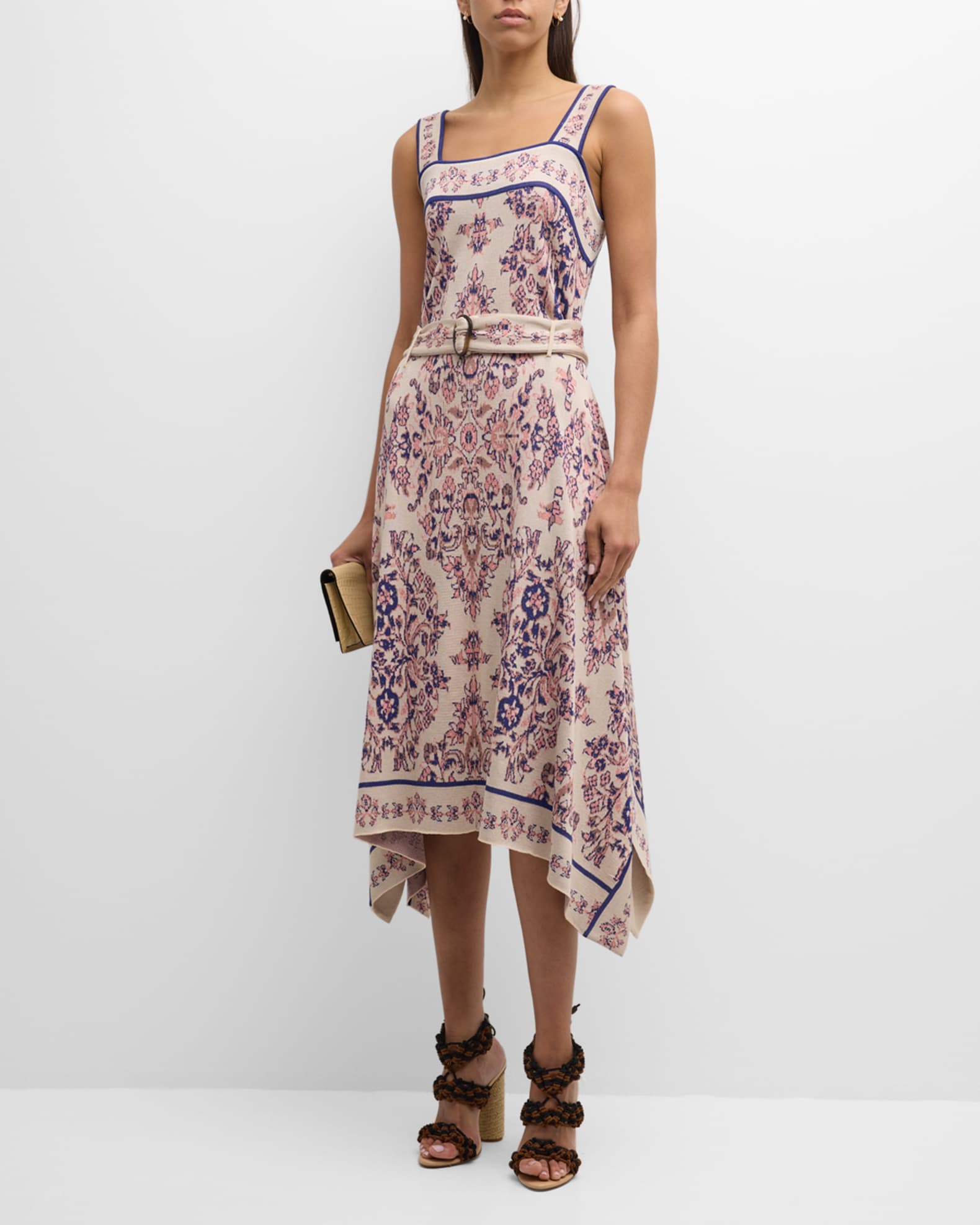 Misook Floral Jacquard-Knit Handkerchief Midi Dress | Neiman Marcus