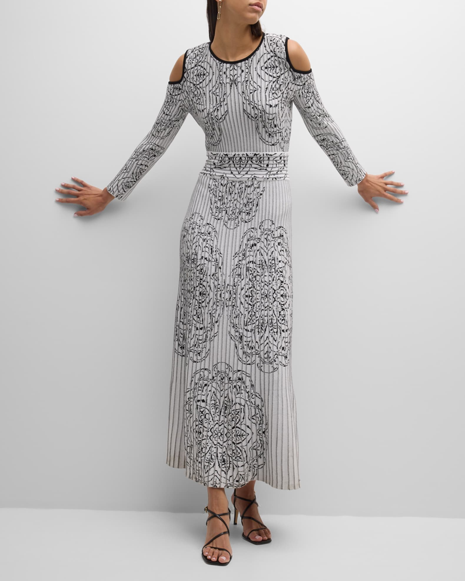 Misook Pleated Cold-Shoulder Jacquard-Knit Maxi Dress | Neiman Marcus