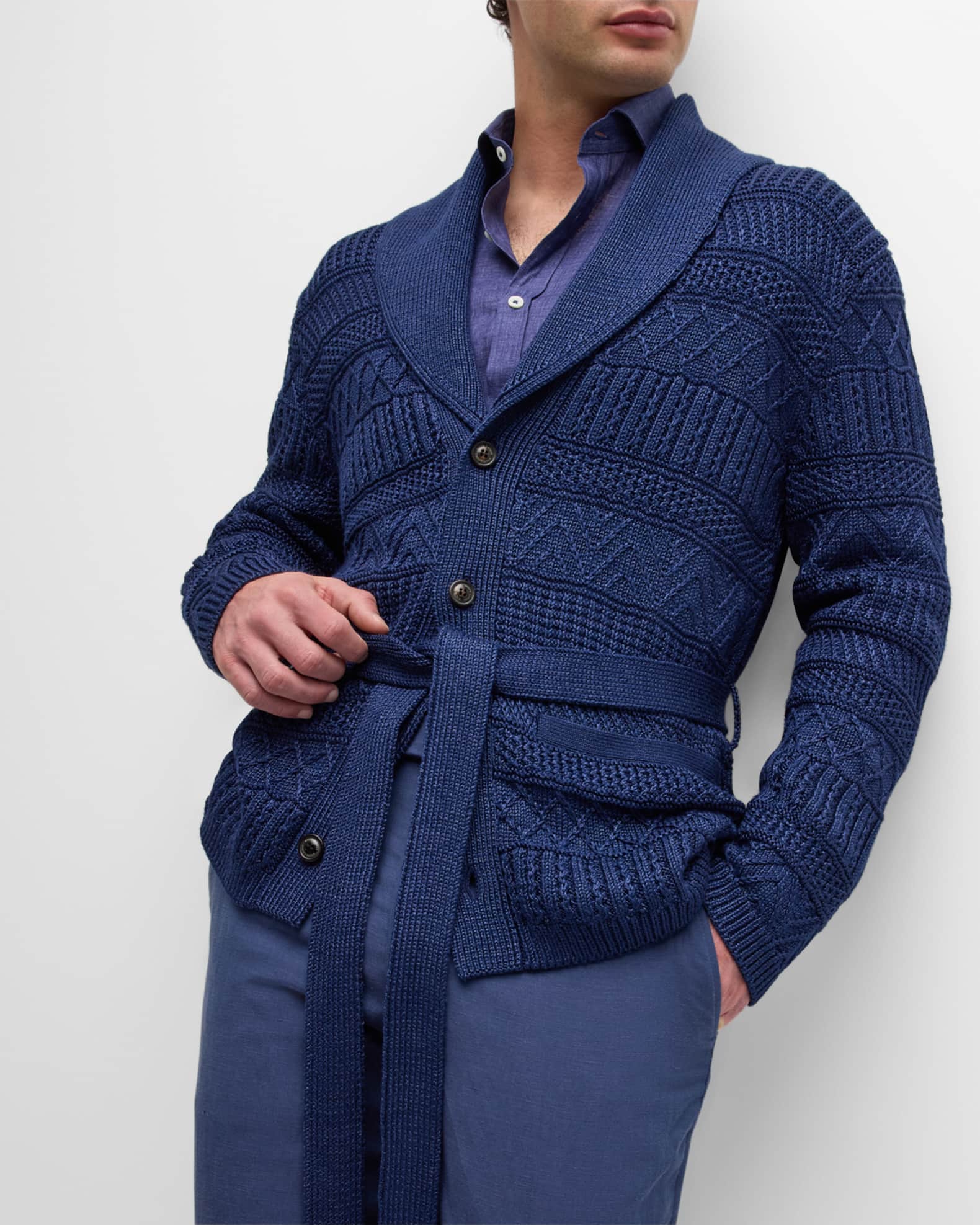 Ralph Lauren Purple Label Men's Textured Silk-Cotton Belted Cardigan | Neiman Marcus
