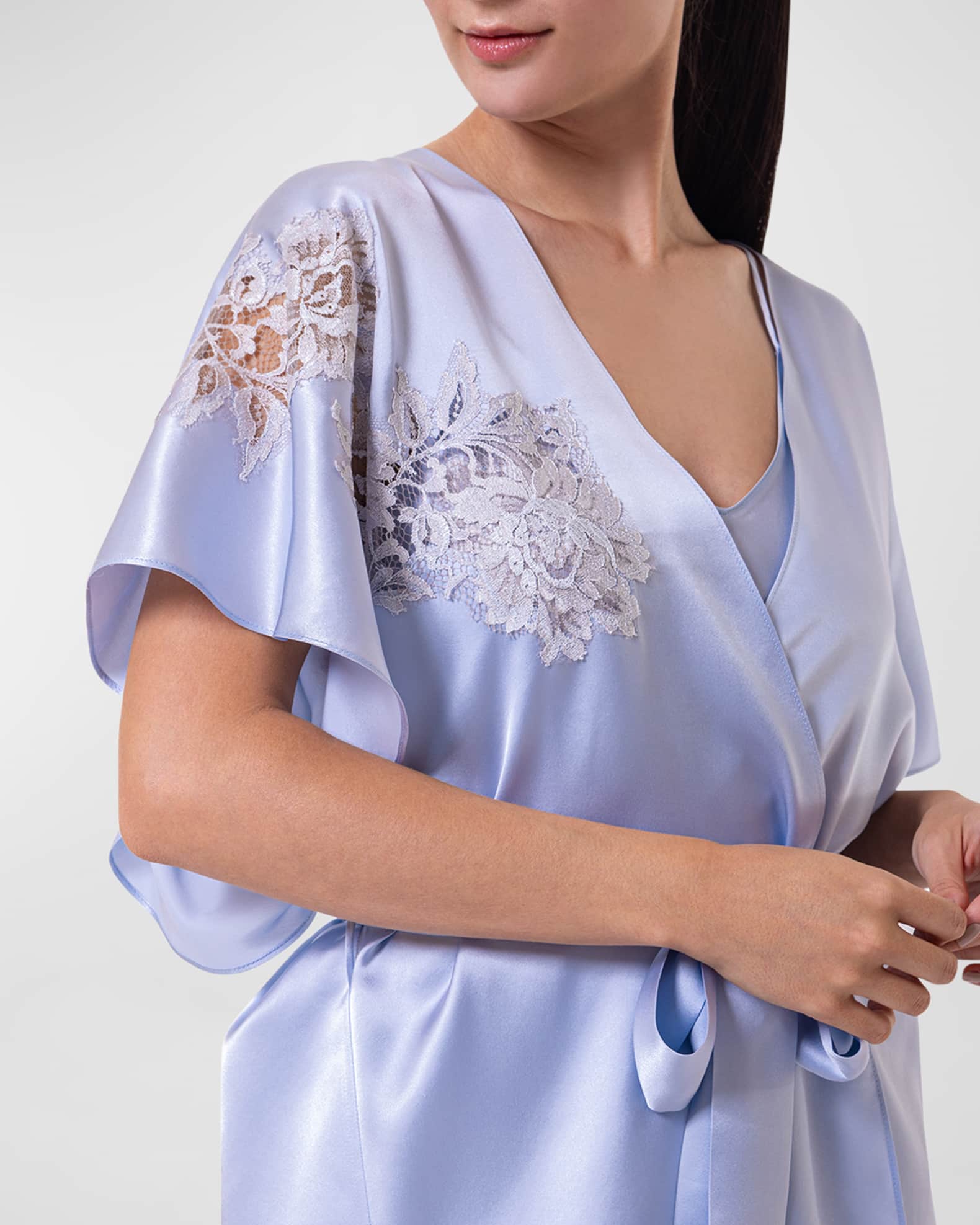 Christine Lingerie Lace-Trim Silk Charmeuse Mini Robe | Neiman Marcus