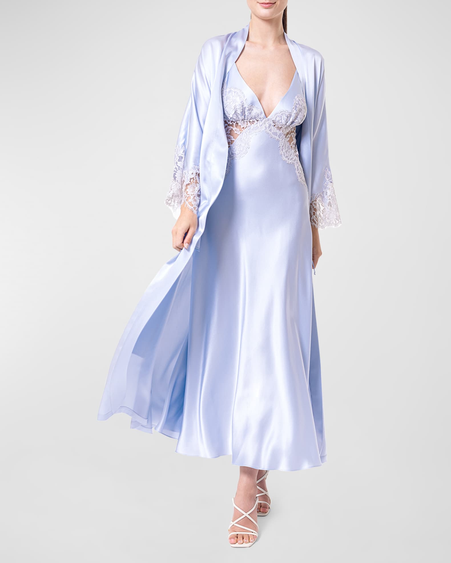 Christine Lingerie Lace-Trim Silk Charmeuse Robe | Neiman Marcus