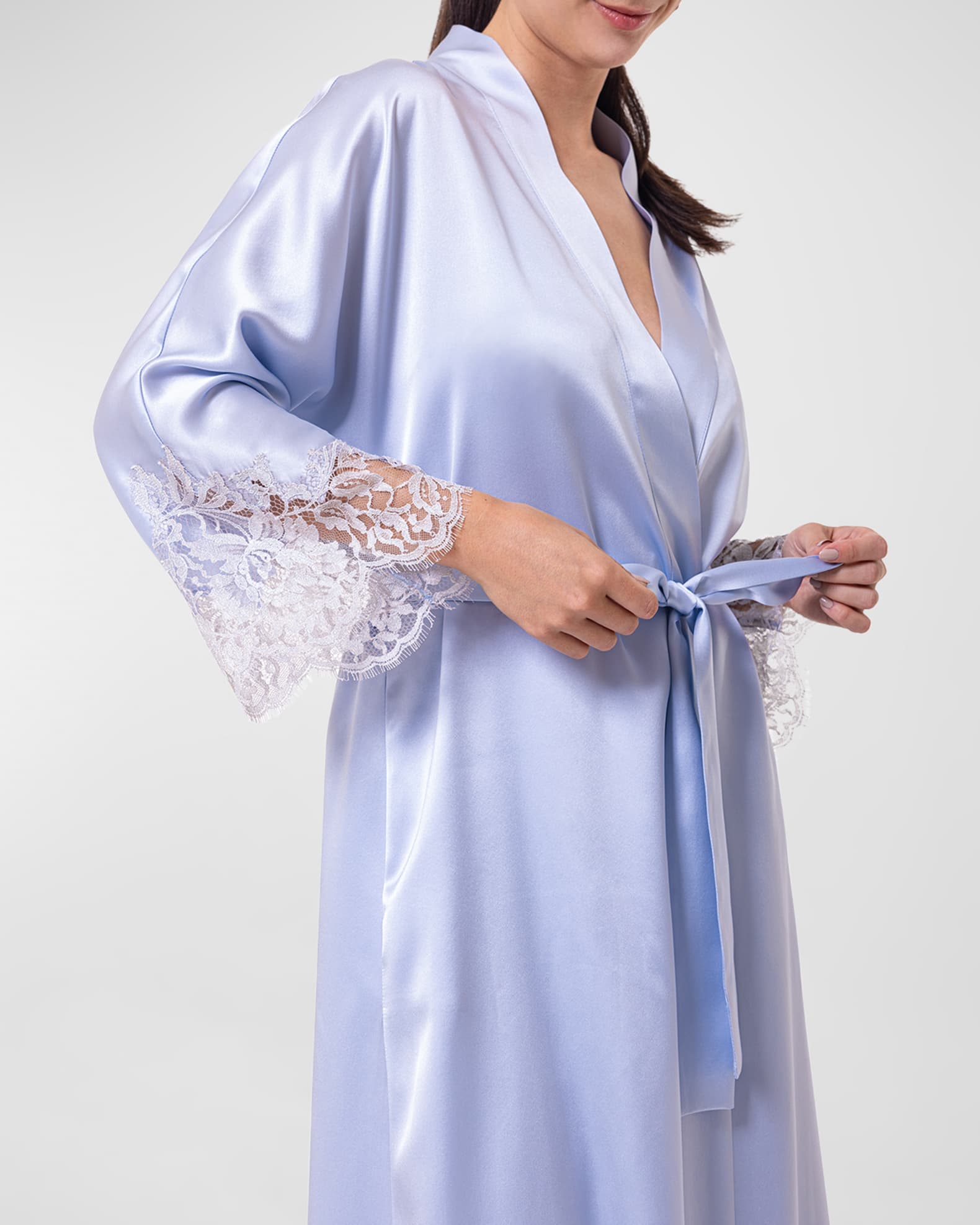 Christine Lingerie Lace-Trim Silk Charmeuse Robe | Neiman Marcus