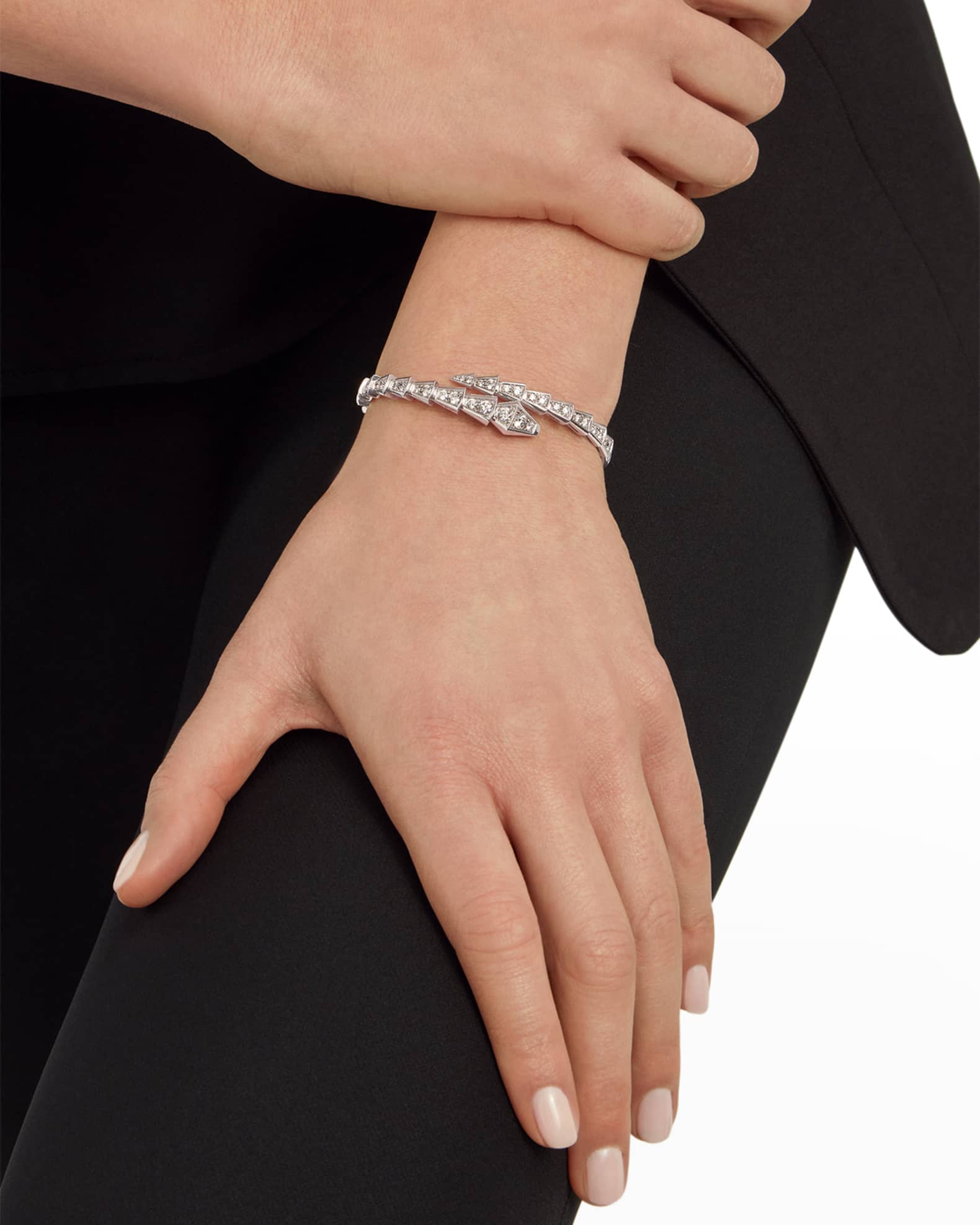 BVLGARI Serpenti 18K White Gold Thin Serpenti Pave Bracelet | Neiman Marcus