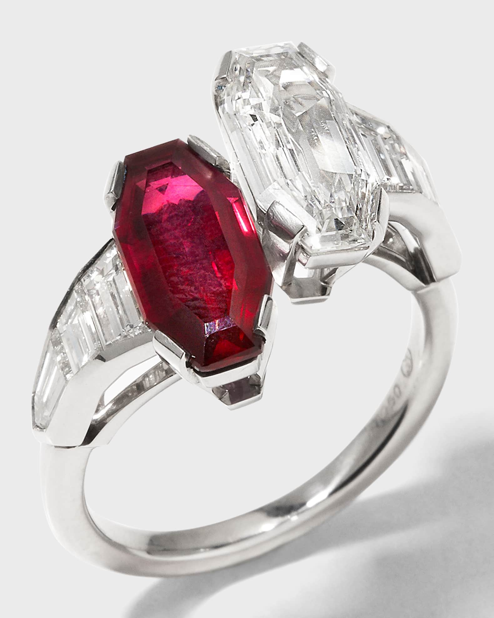 Bayco Platinum Emerald-Cut Ruby and Diamond Twist Ring | Neiman Marcus