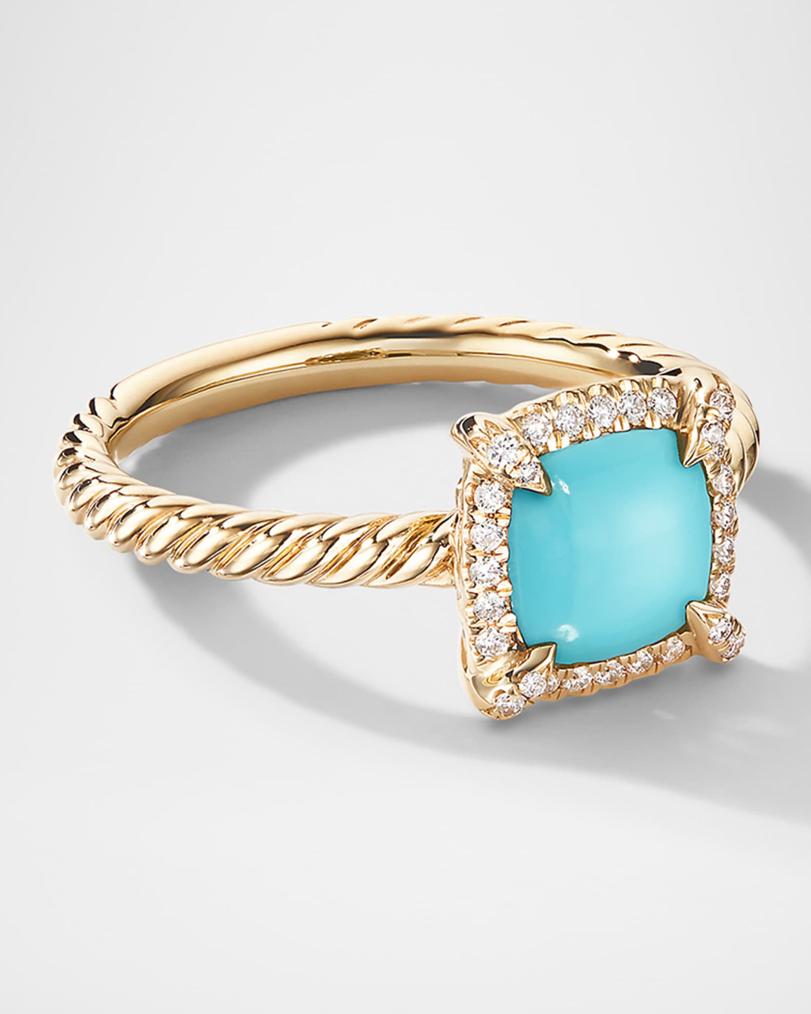 Petite Chatelaine Pave Bezel Ring in 18K Yellow Gold with Turquoise and Diamonds 7mm